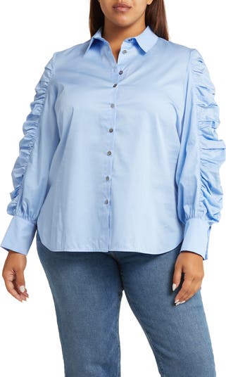 HARSHMAN Juliana Ruched Sleeve Cotton Button-Up Shirt | Nordstrom