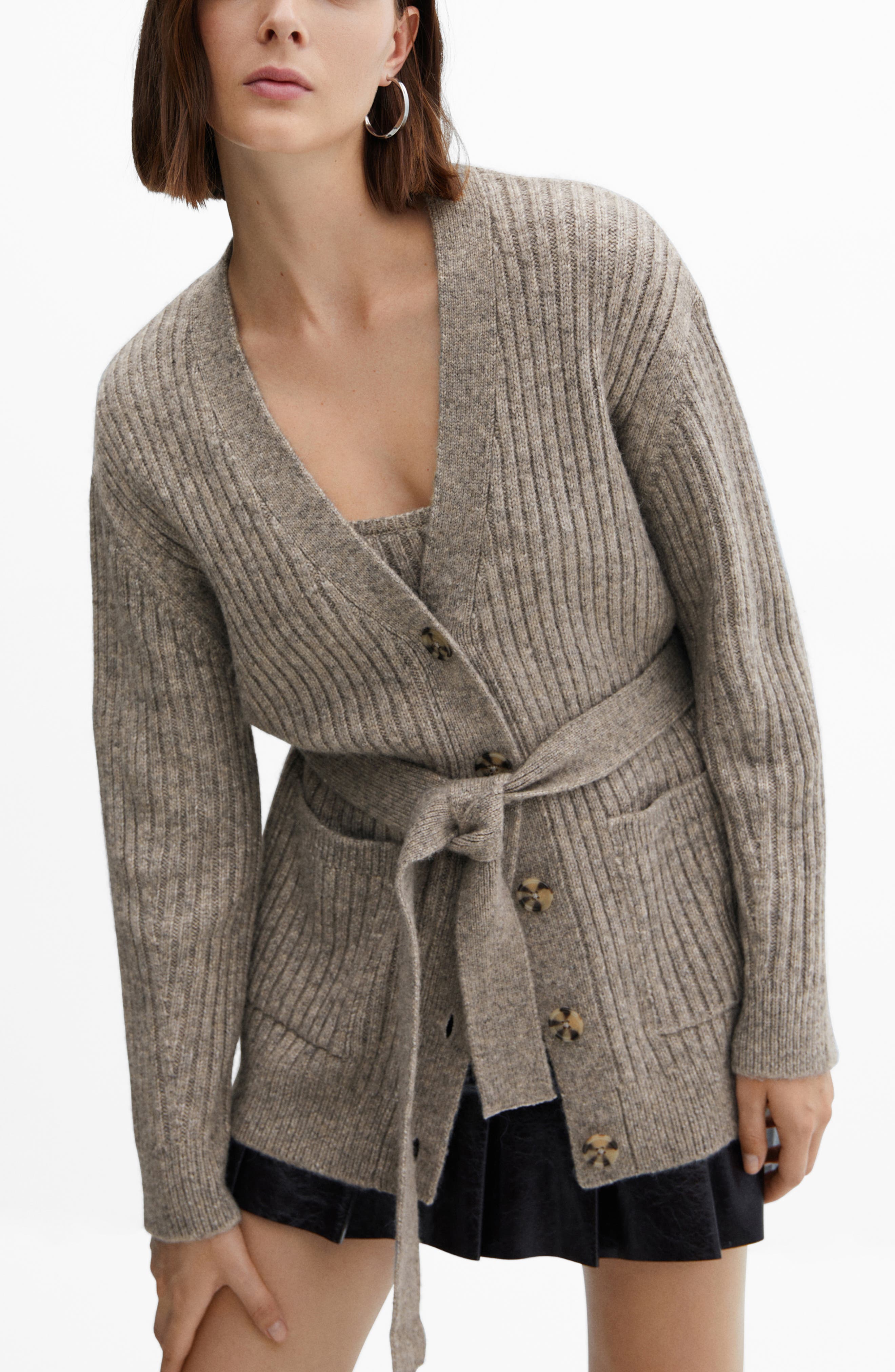 MANGO Tie Waist Button Front Cardigan | Nordstrom