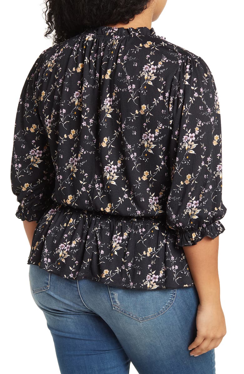 MELLODAY Tie Neck Three-Quarter Sleeve Floral Print Top | Nordstromrack