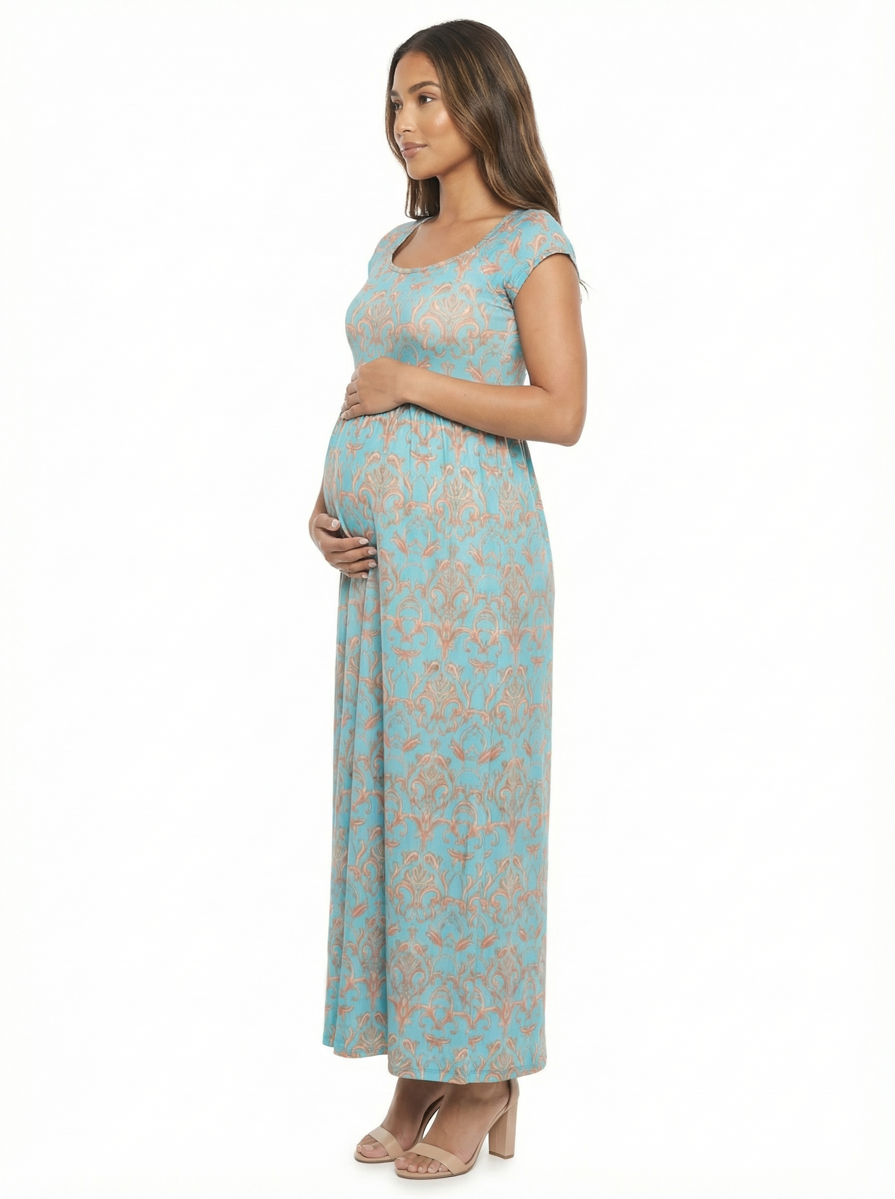 Maternity Abstract Square Neck Cap Sleeve Pleated A-Line Maxi Dress ...
