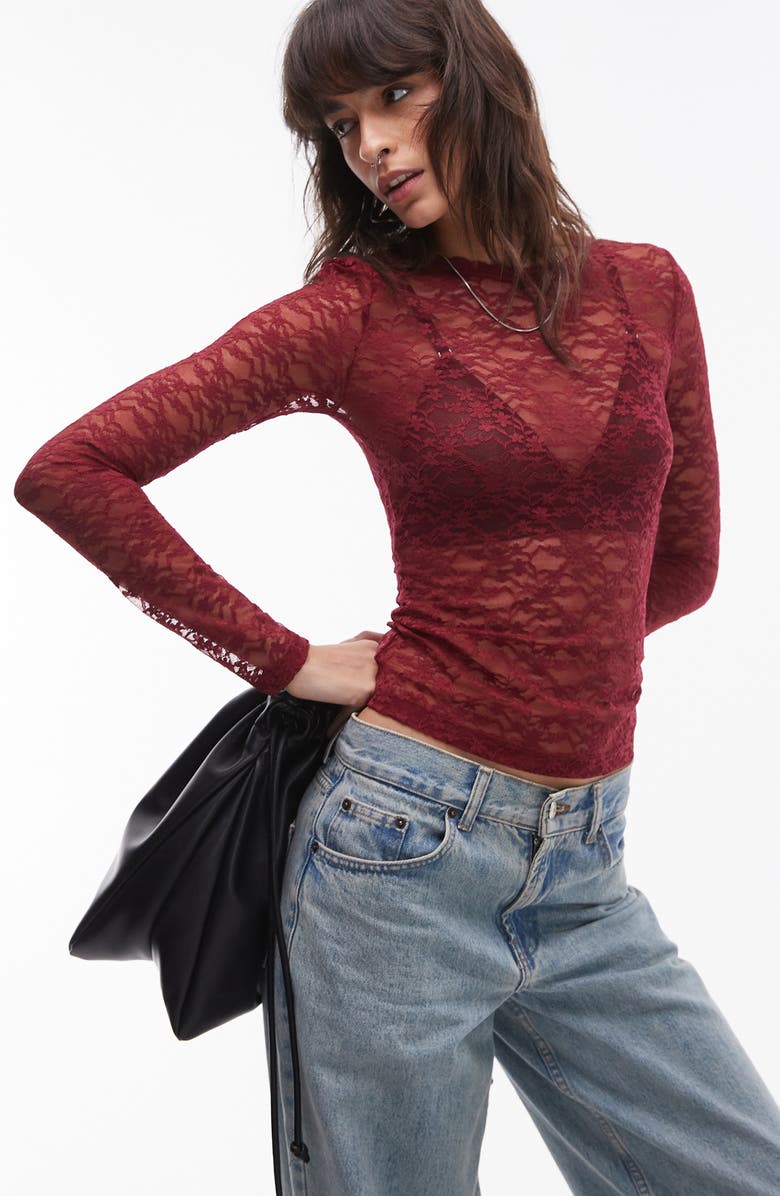 Topshop Lace Sheer Long Sleeve Top | Nordstrom