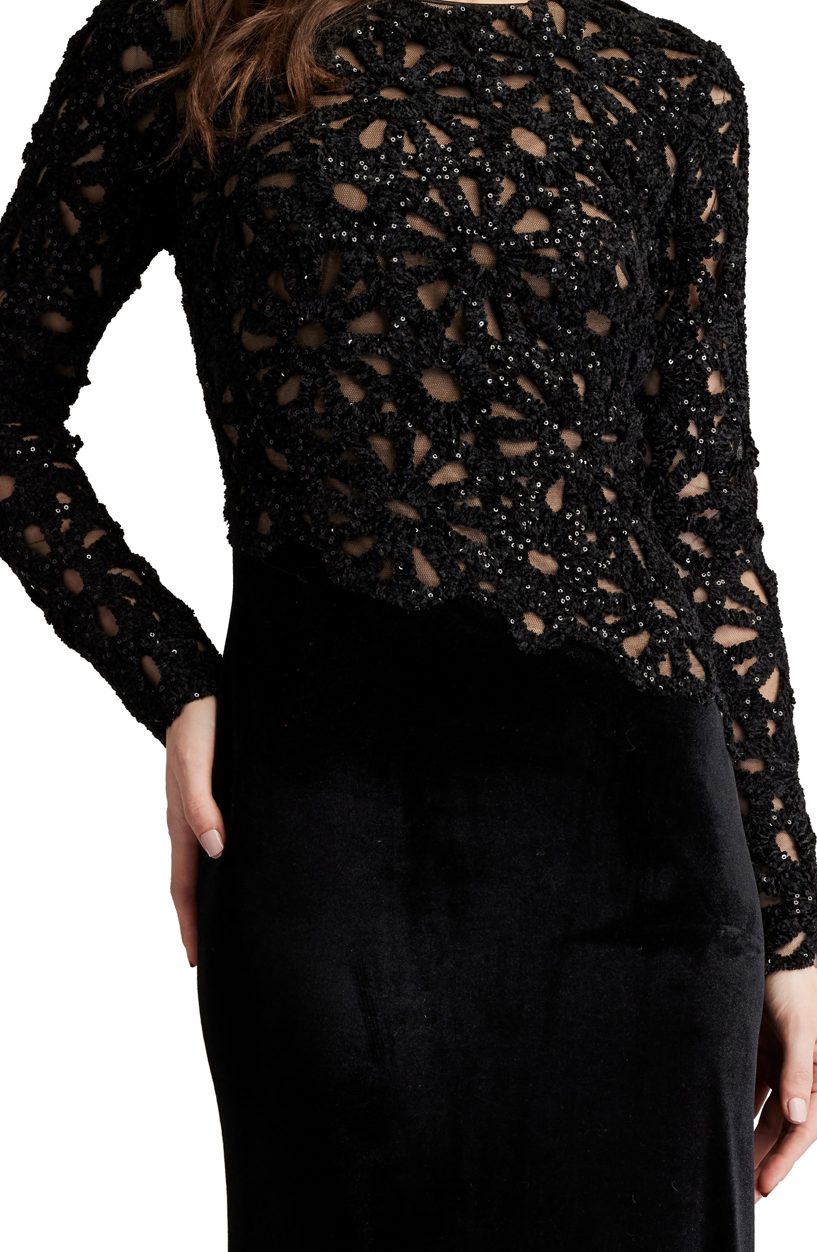 Tadashi Shoji Sequin Lace Bodice Long Sleeve Velvet Gown | Nordstrom
