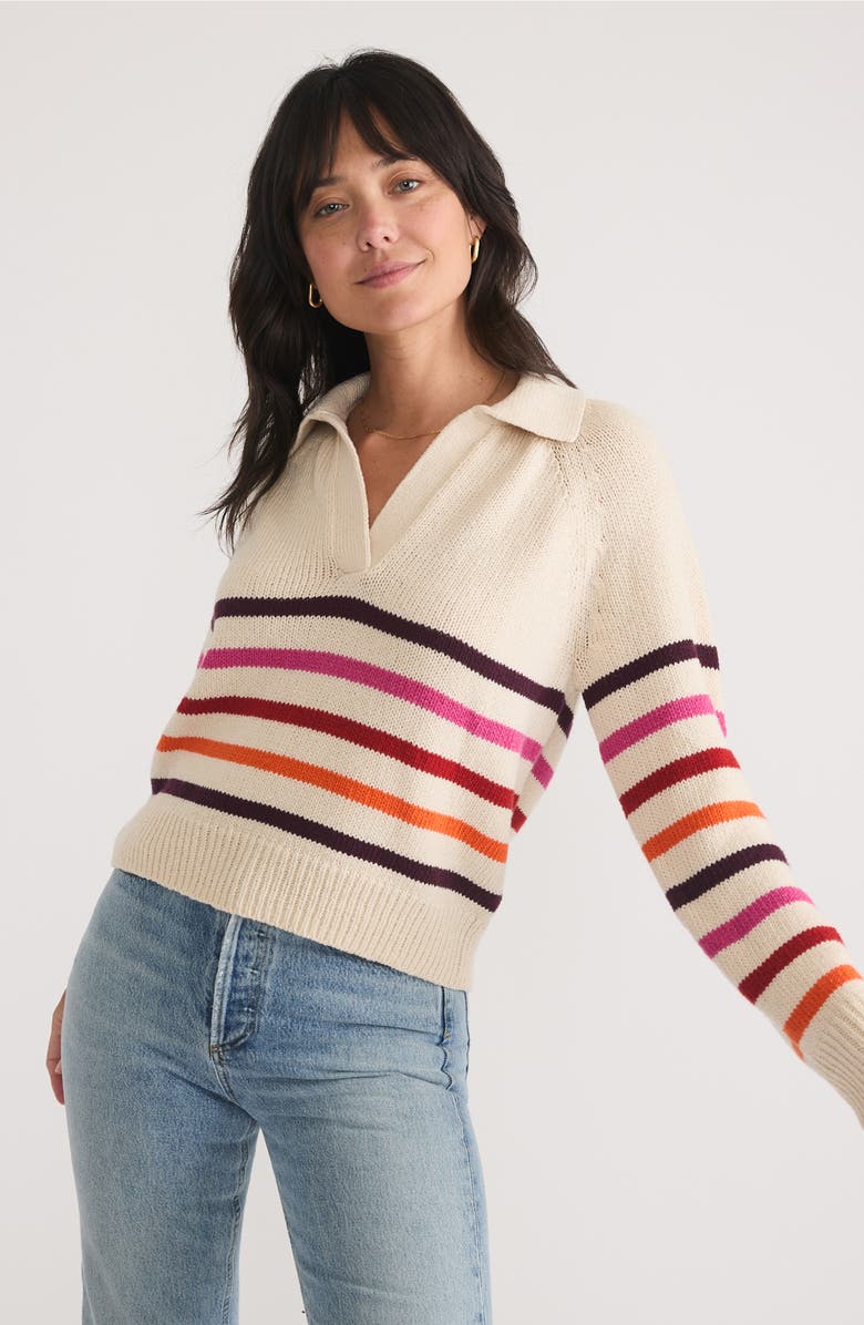 Marine Layer Claire Stripe Wool & Cotton Johnny Collar Polo Sweater ...