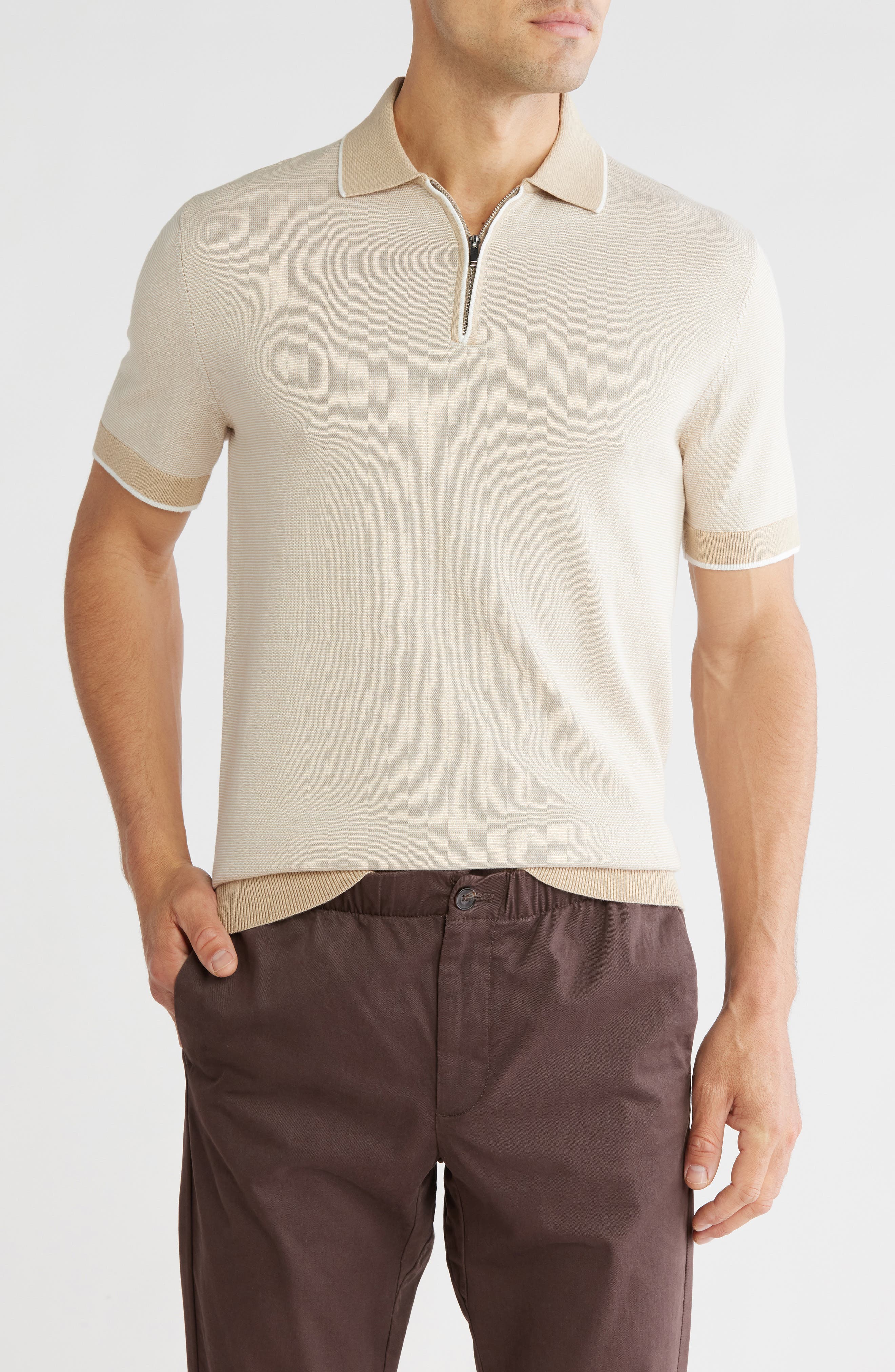 DENIM AND FLOWER Tipped Zip Cotton Polo | Nordstromrack