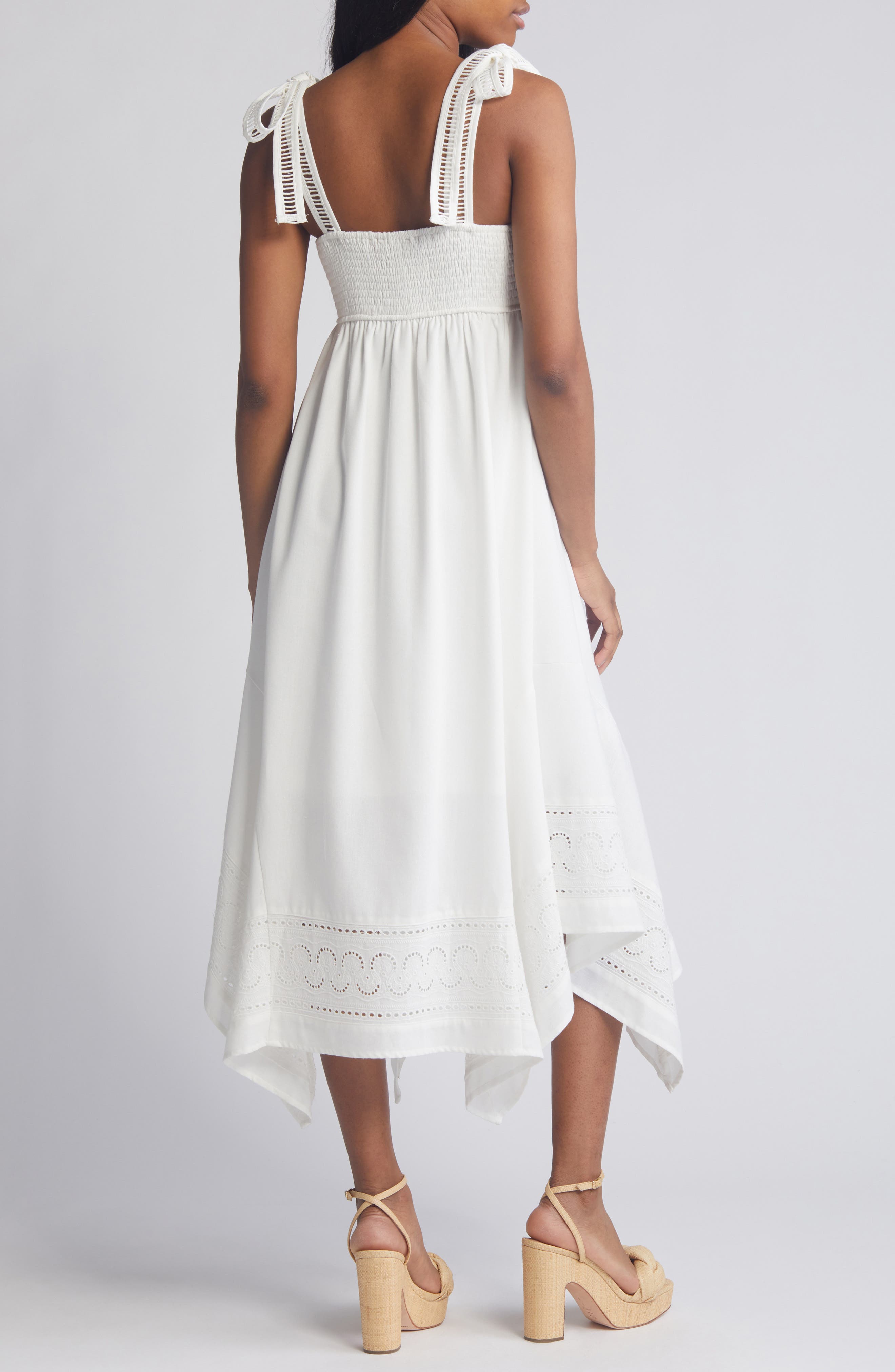 MOON RIVER Embroidered Handkerchief Hem Midi Sundress | Nordstromrack