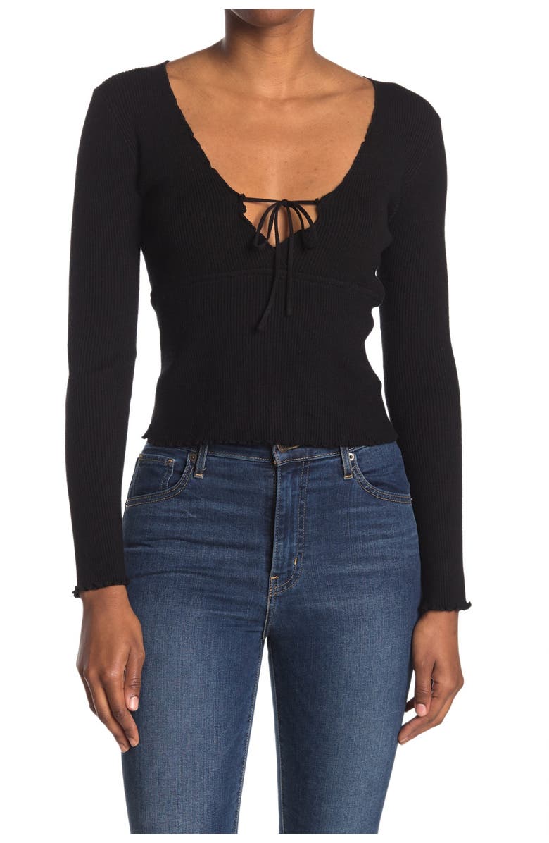Lush Tie Front Long Sleeve Ribbed Crop Top | Nordstromrack