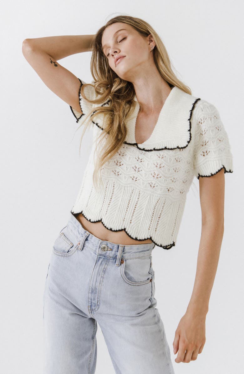Endless Rose Mixed Stitch Crop Short Sleeve Sweater | Nordstrom