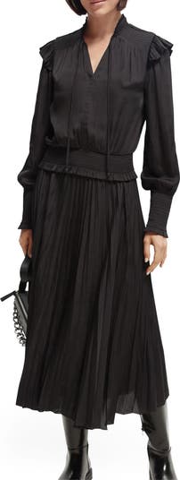 Scotch & Soda Smocked Long Sleeve Midi Dress | Nordstrom