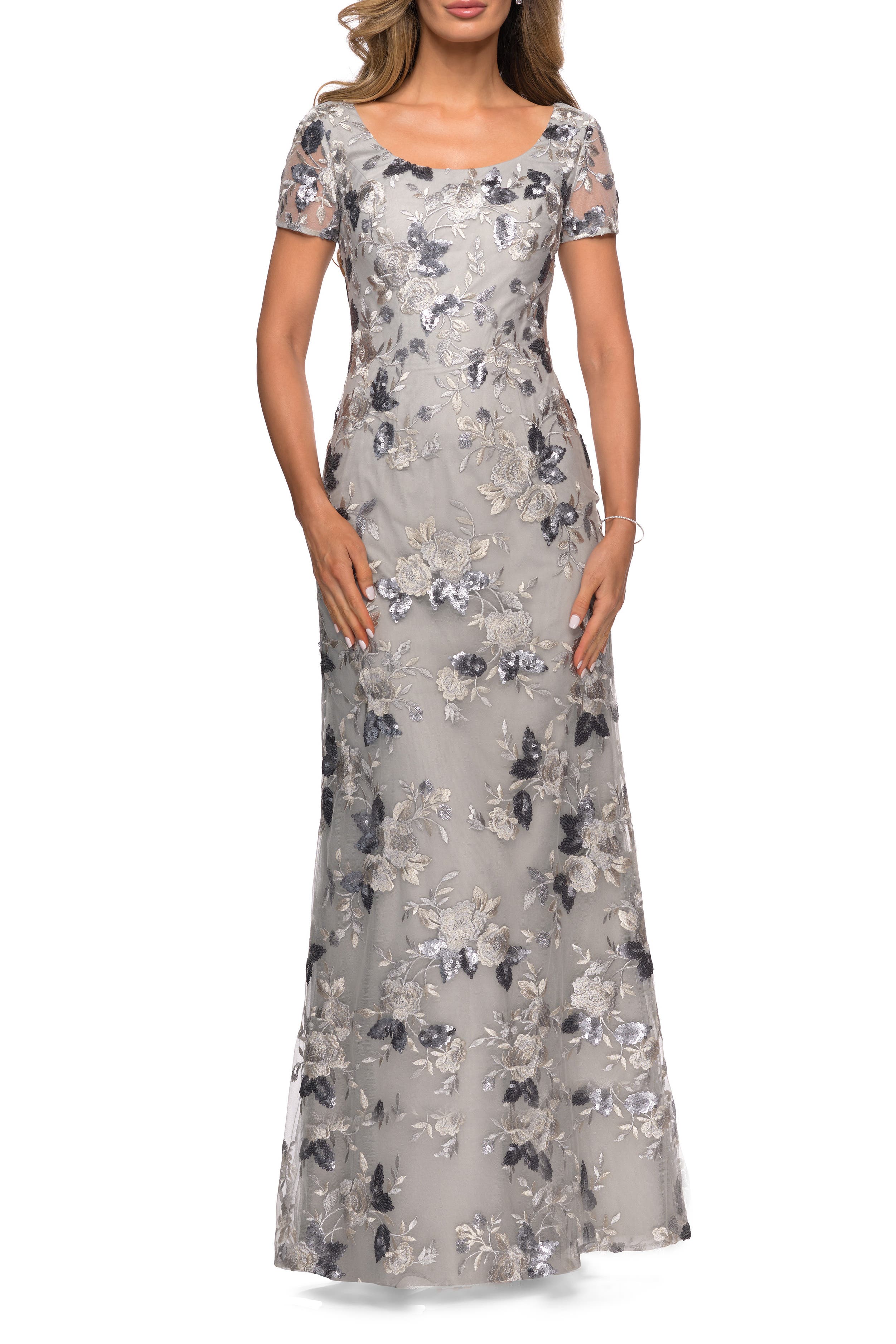 La Femme Floral Short Sleeve Formal Dress with Scoop Neck | Nordstrom