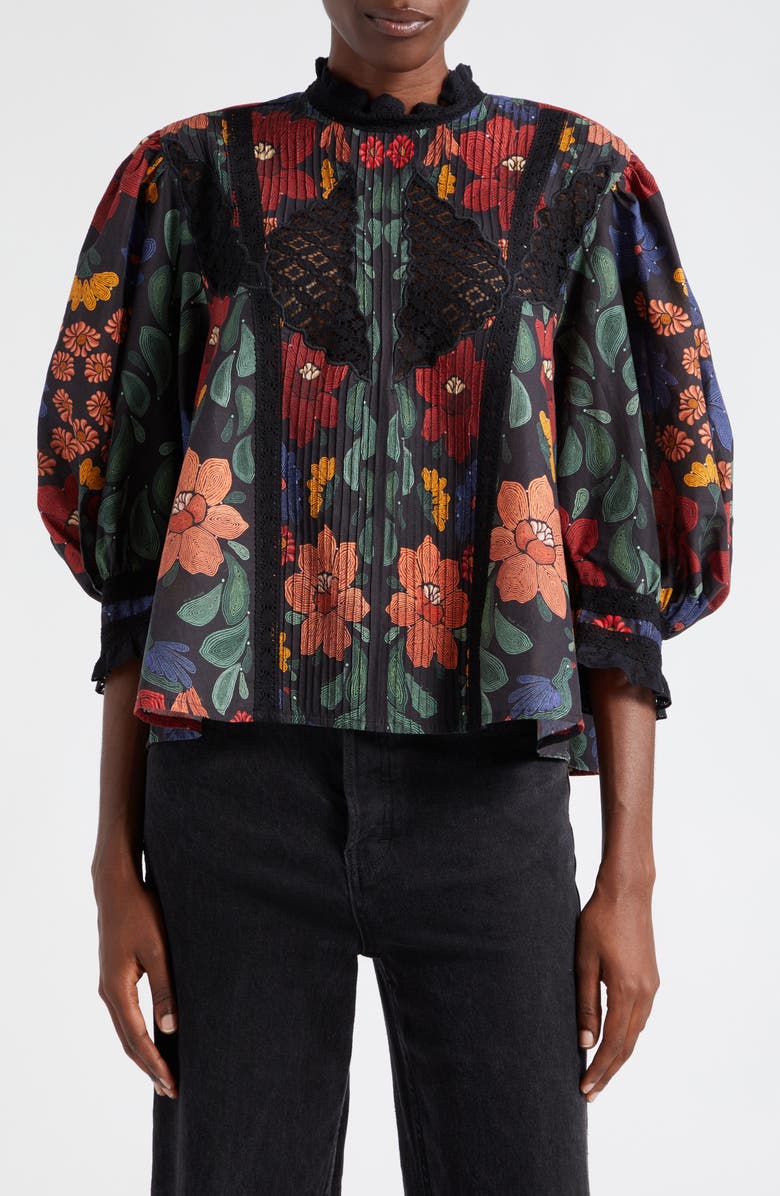 FARM Rio Floral Puff Sleeve Cotton Top | Nordstromrack