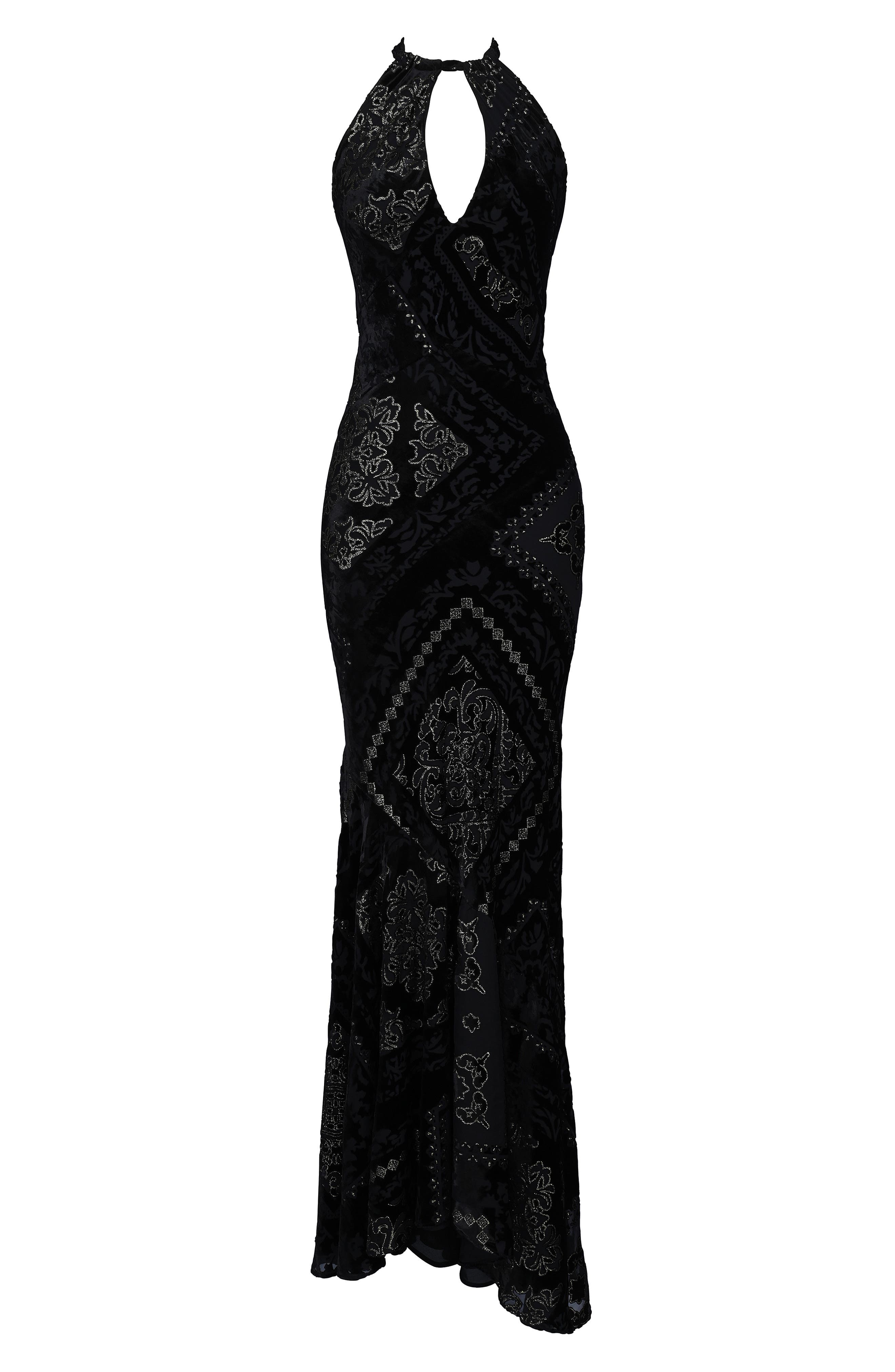 HOUSE OF CB Oliviana Cutout Foil Devoré Halter Gown | Nordstrom