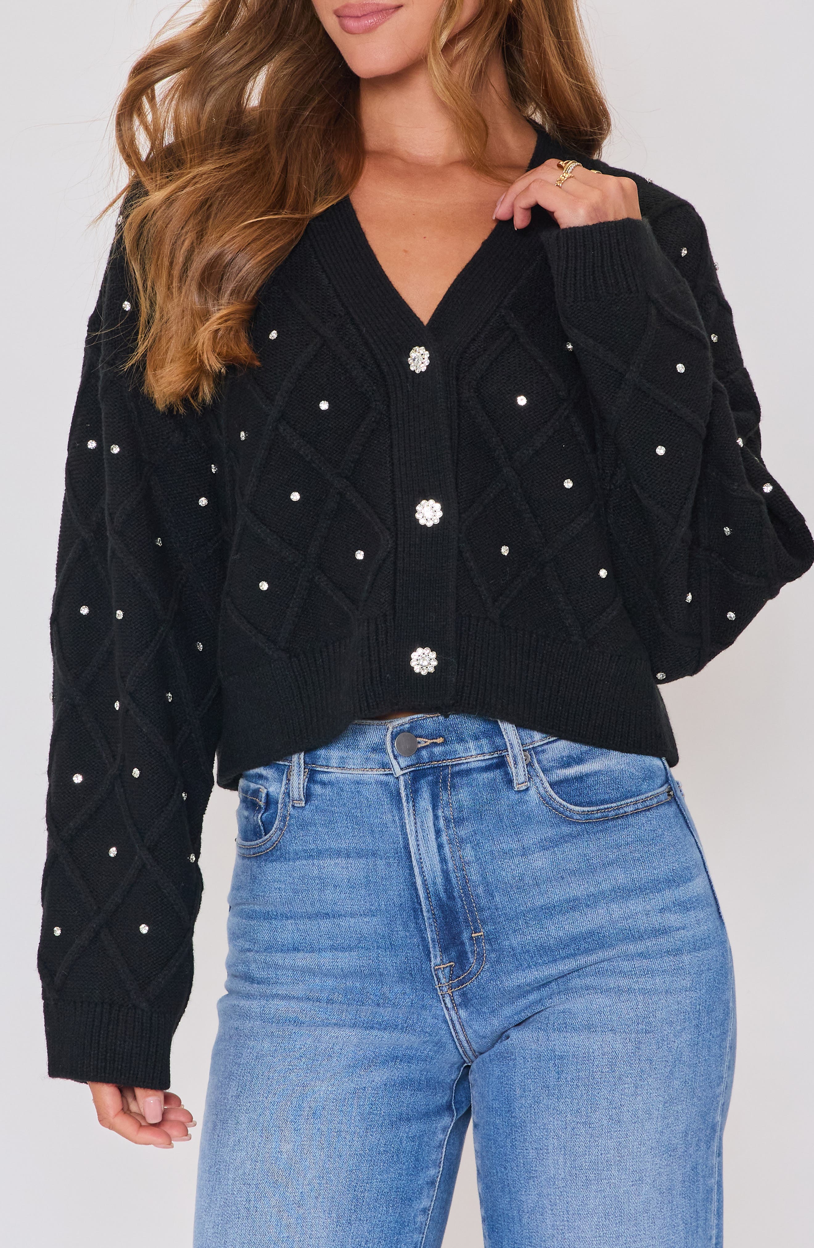 VICI Collection Holiday Shine Rhinestone Diamond Stitch Cardigan ...