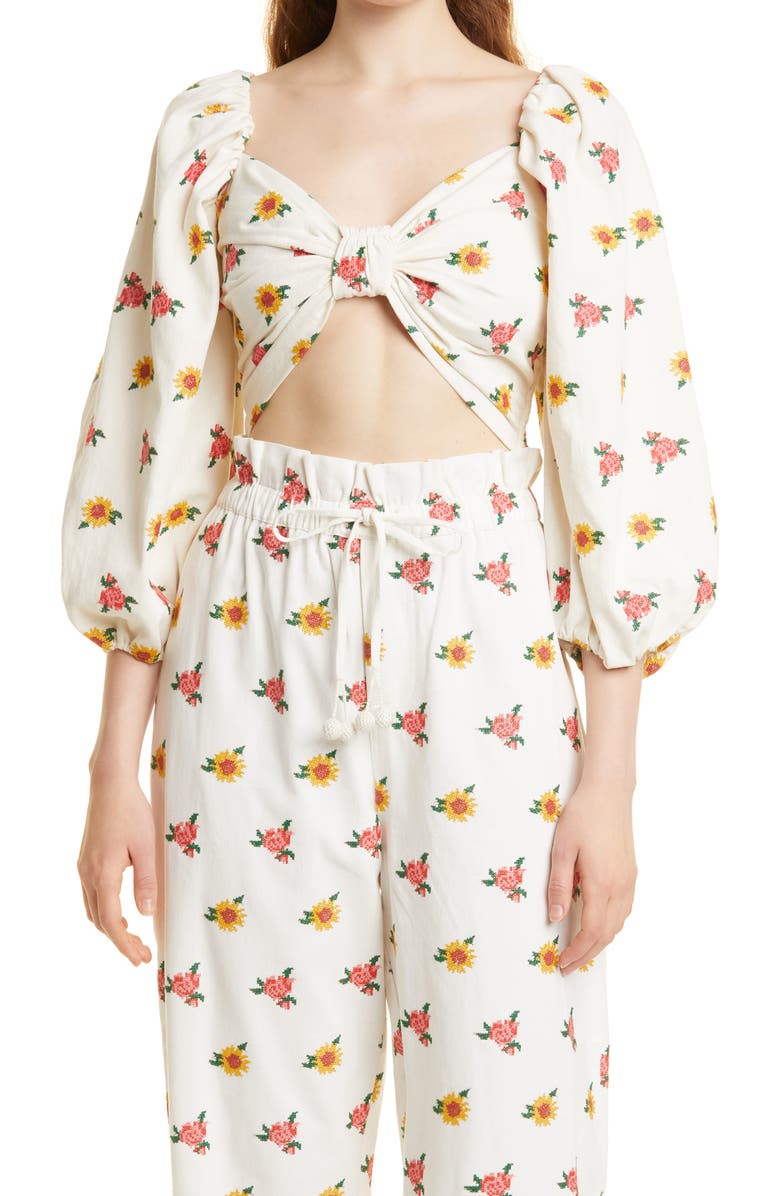 FARM Rio Cross Stitch Embroidered Long Sleeve Crop Top | Nordstromrack