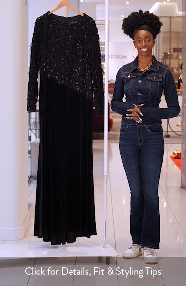 Tadashi Shoji Sequin Lace Bodice Long Sleeve Velvet Gown | Nordstrom