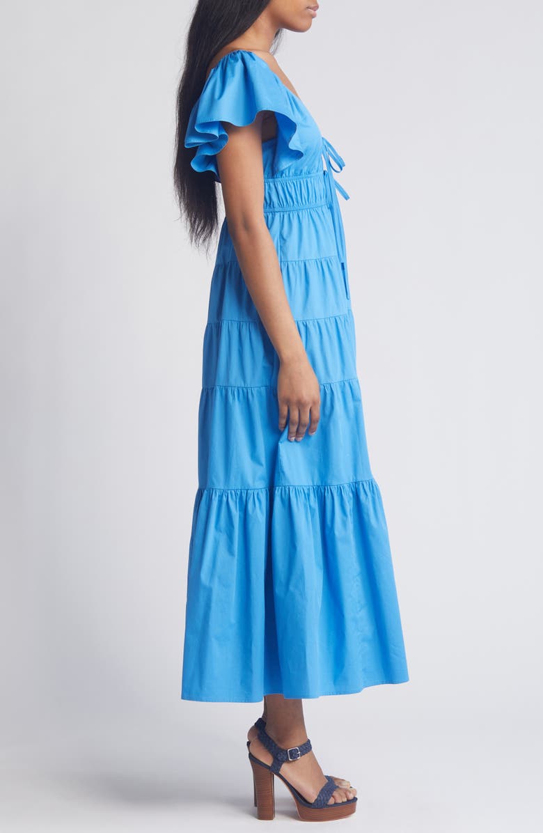 MOON RIVER Flutter Sleeve Tiered Stretch Cotton Maxi Dress | Nordstrom