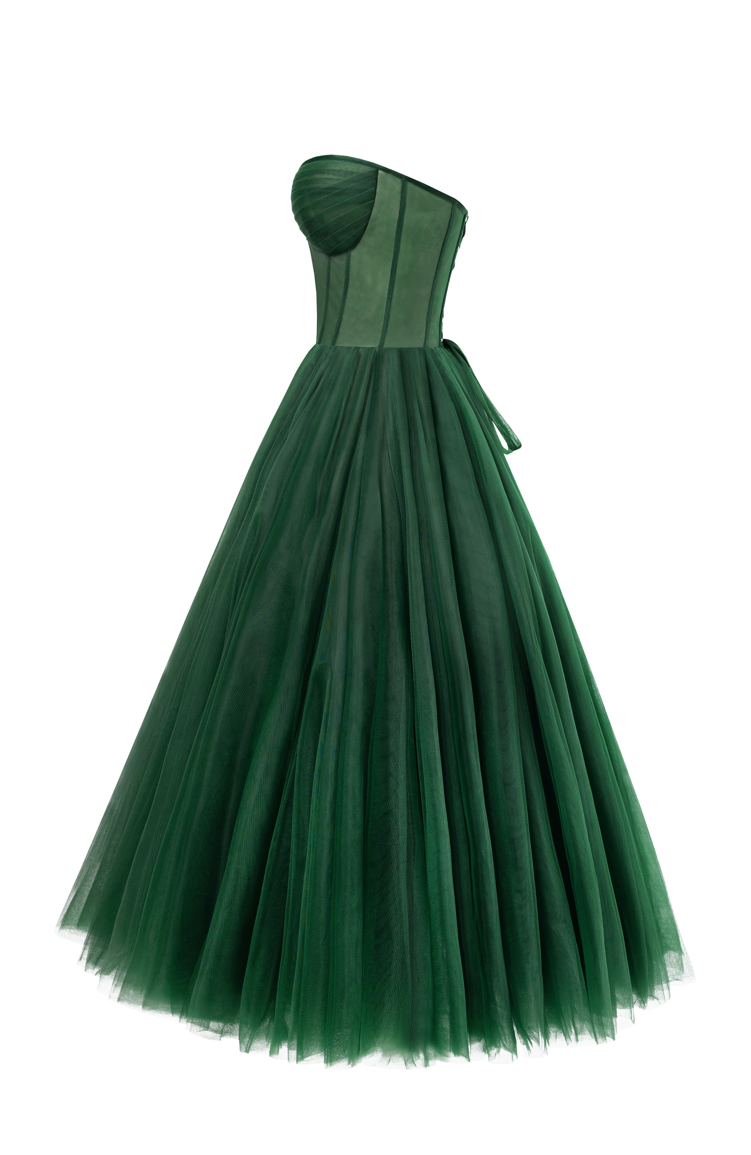 Milla Strapless Puffy Tulle Midi Formal Occasion Dress in Emerald Green ...