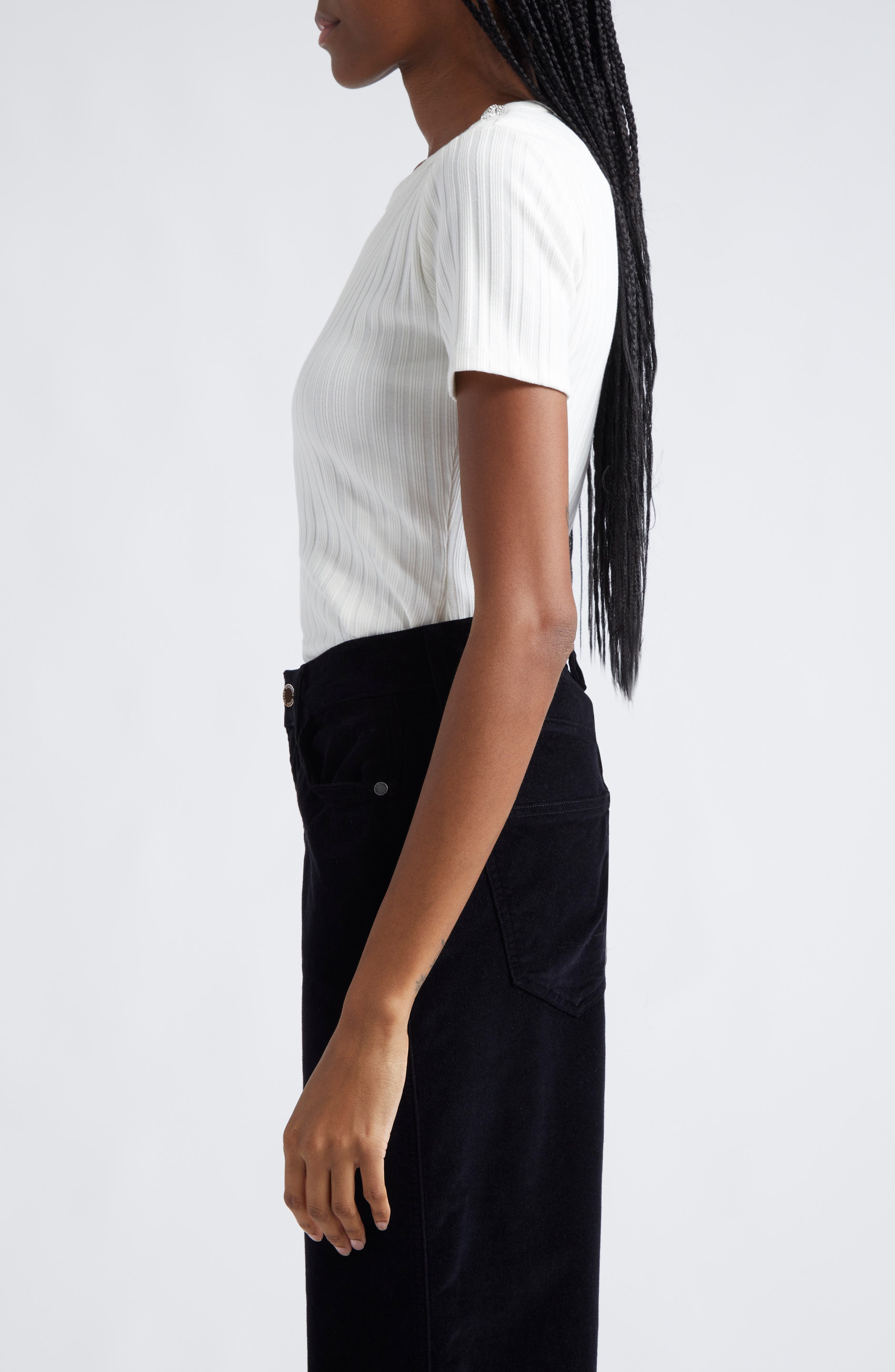 Veronica Beard Draya Rhinestone Button Detail Rib Stretch Cotton Top ...