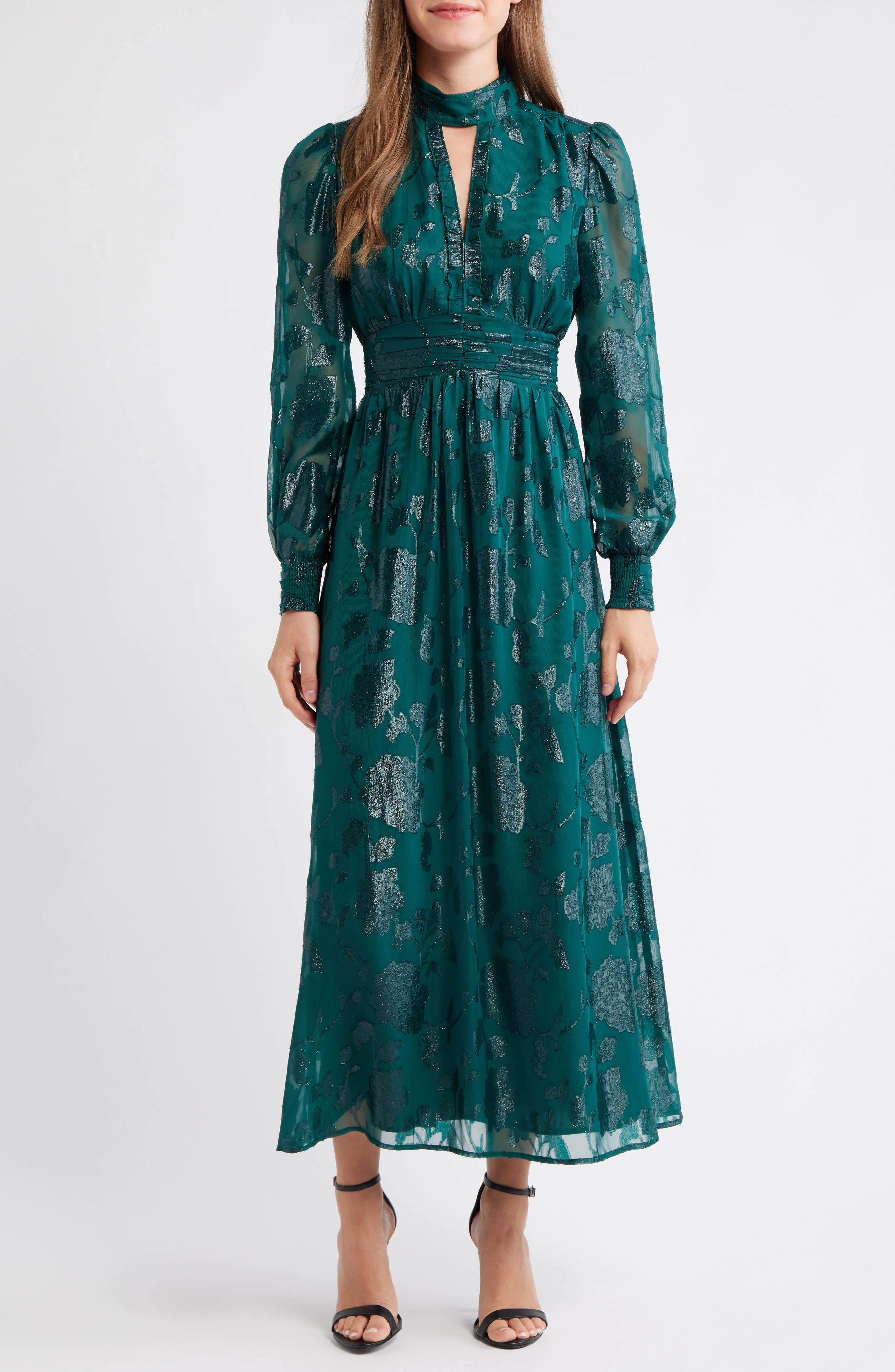 Anne Klein Metallic Floral Long Sleeve Dress | Nordstrom