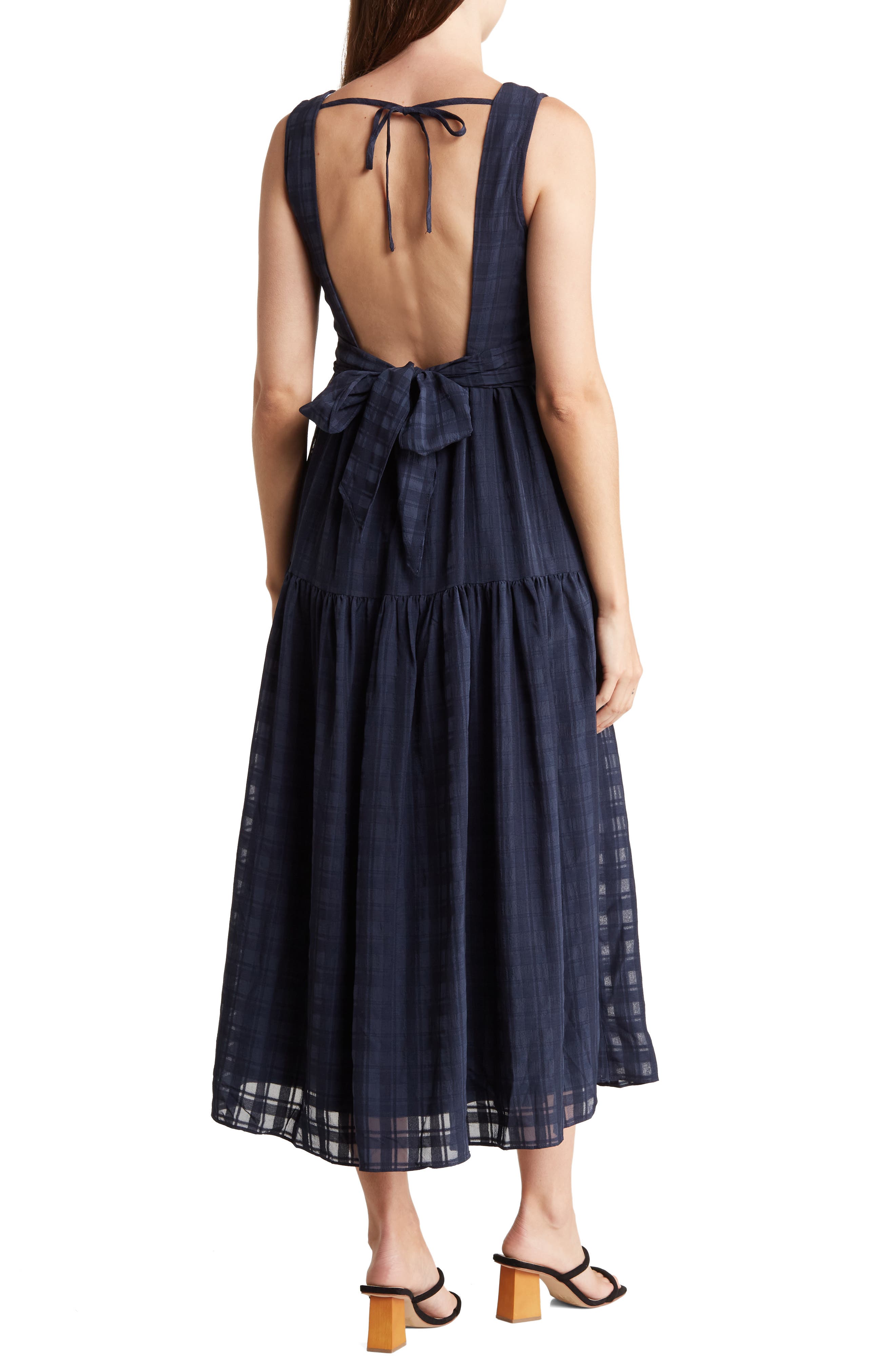 Lulus Plaid Crinkle Woven Bow Midi Dress | Nordstromrack