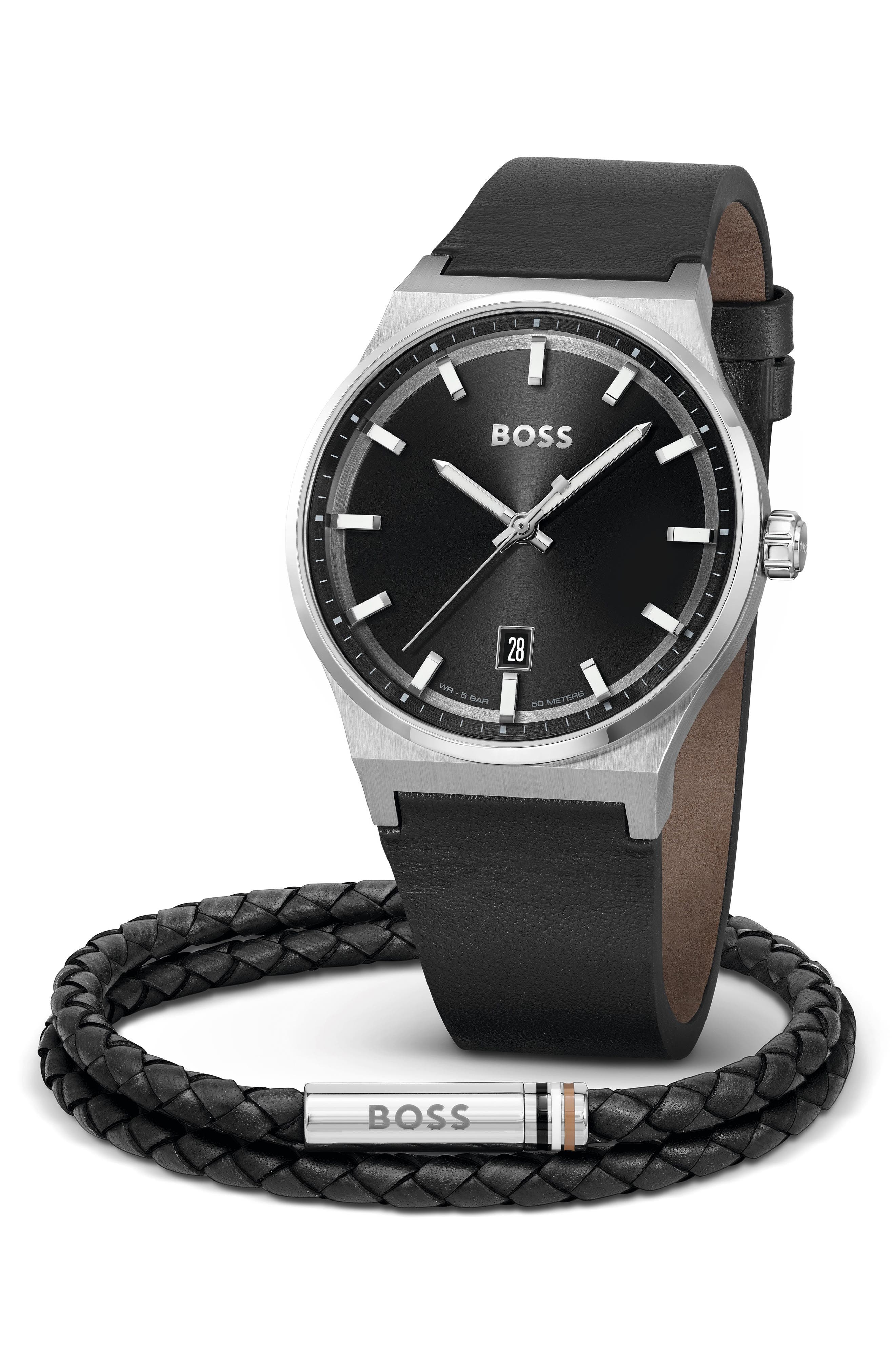 BOSS Candor Leather Strap Watch & Braided Wrap Bracelet Set | Nordstromrack