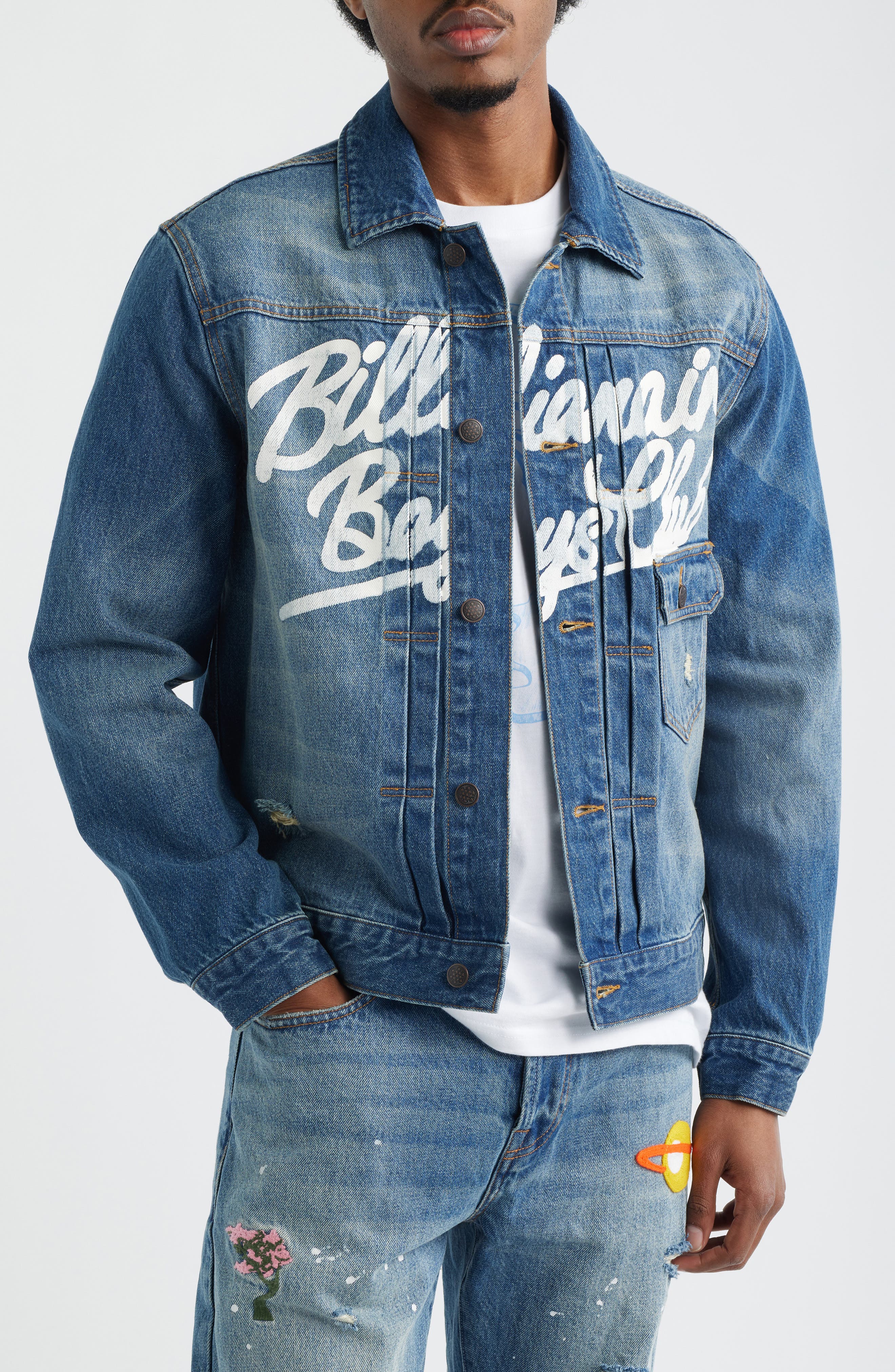 Billionaire Boys Club Script Logo Distressed Denim Trucker Jacket ...