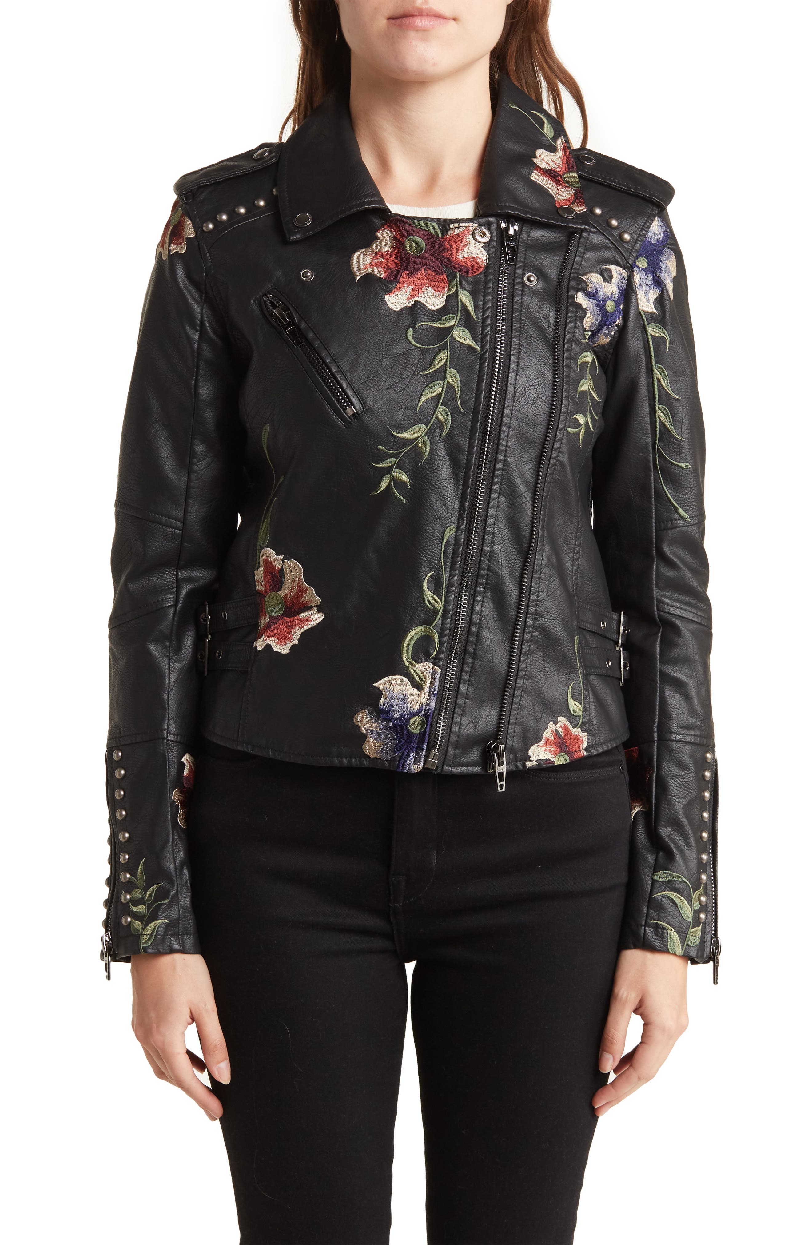 BLANKNYC Floral Embroidered Studded Faux Leather Moto Jacket ...
