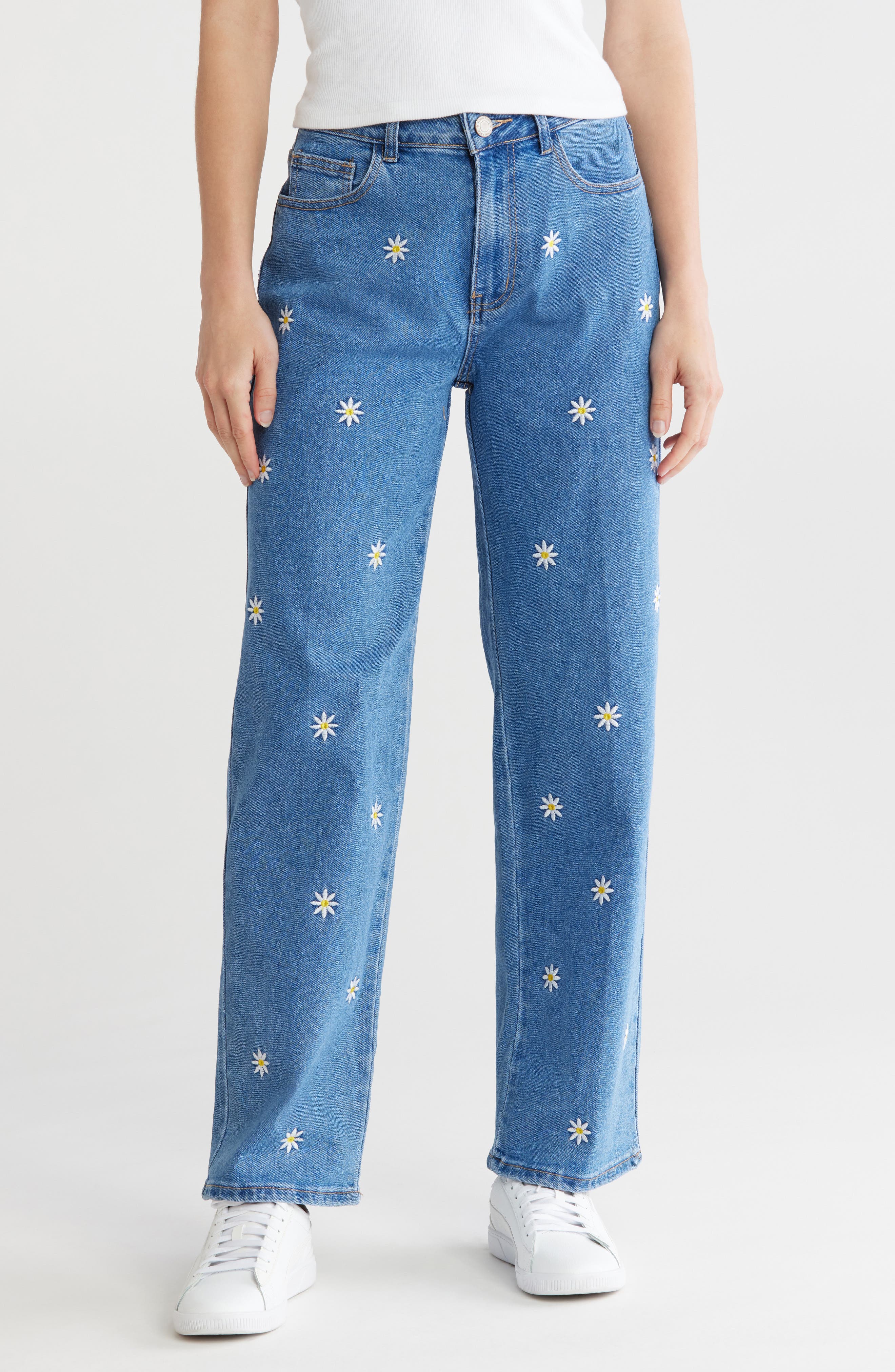 FLYING ANGEL Daisy Embroidered Straight Leg Jeans | Nordstromrack
