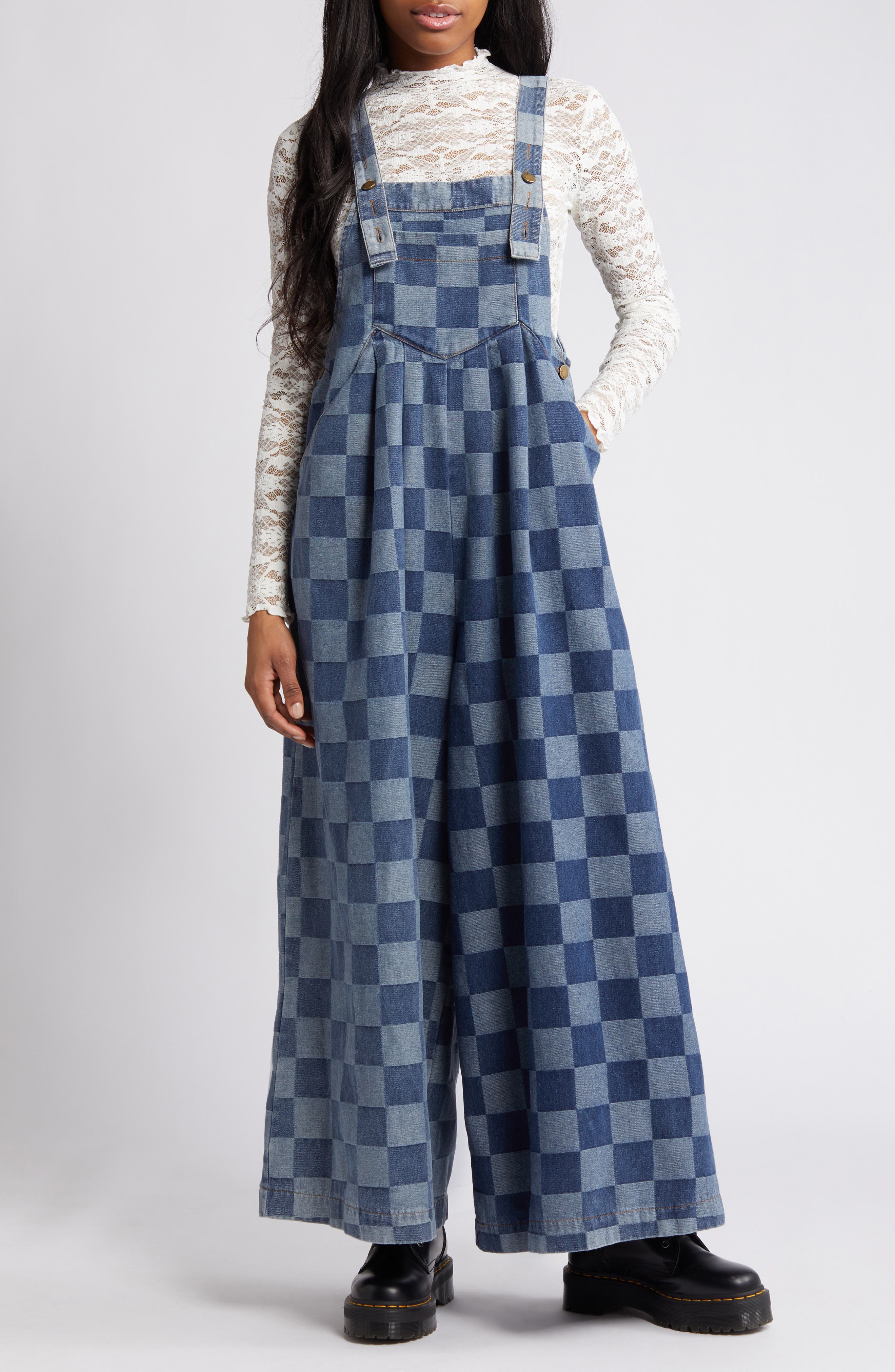 Dressed in Lala Checkerboard Wide Leg Denim Overalls | Nordstrom