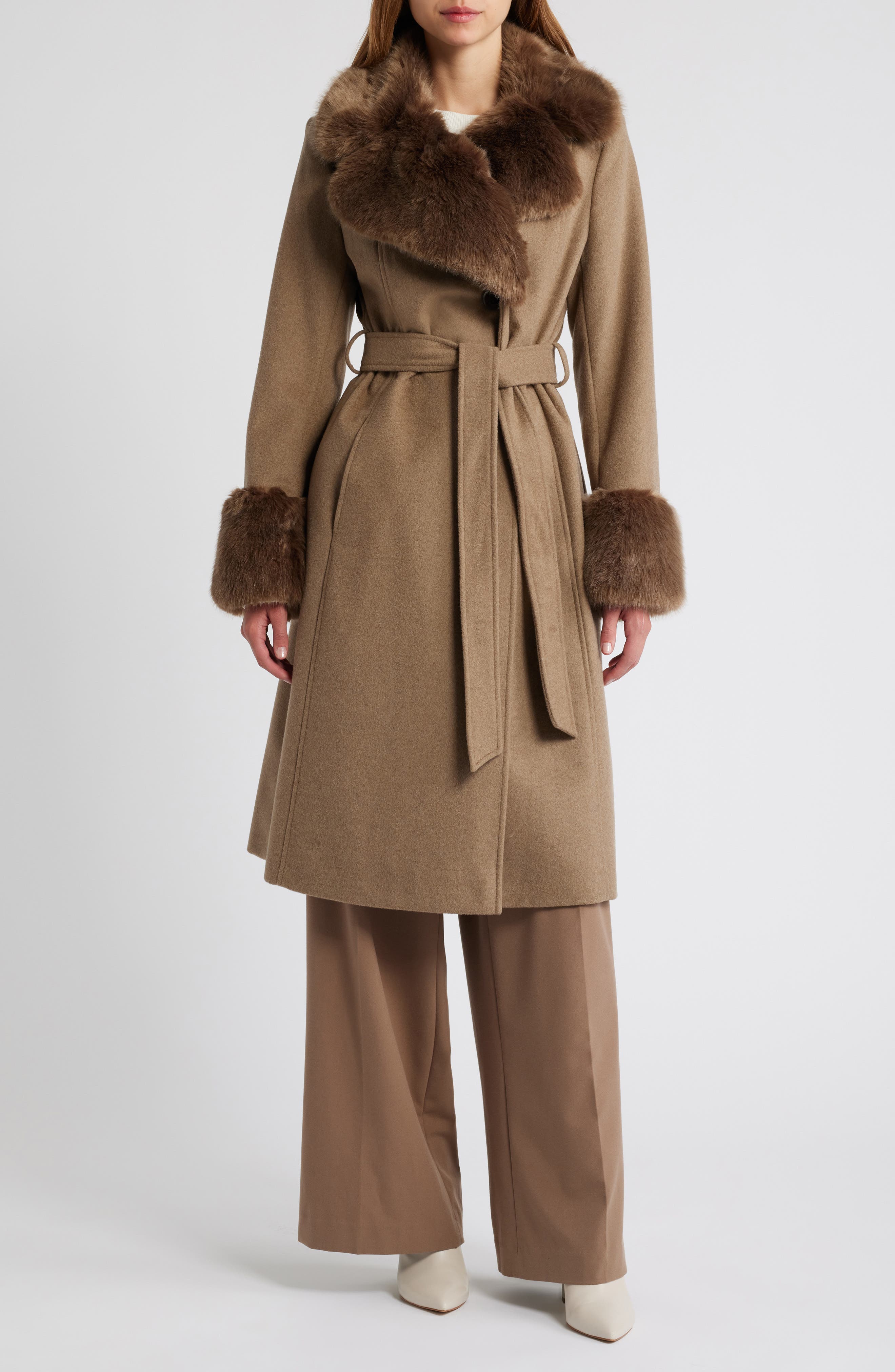Via Spiga Belted Faux Fur Trim Coat | Nordstrom
