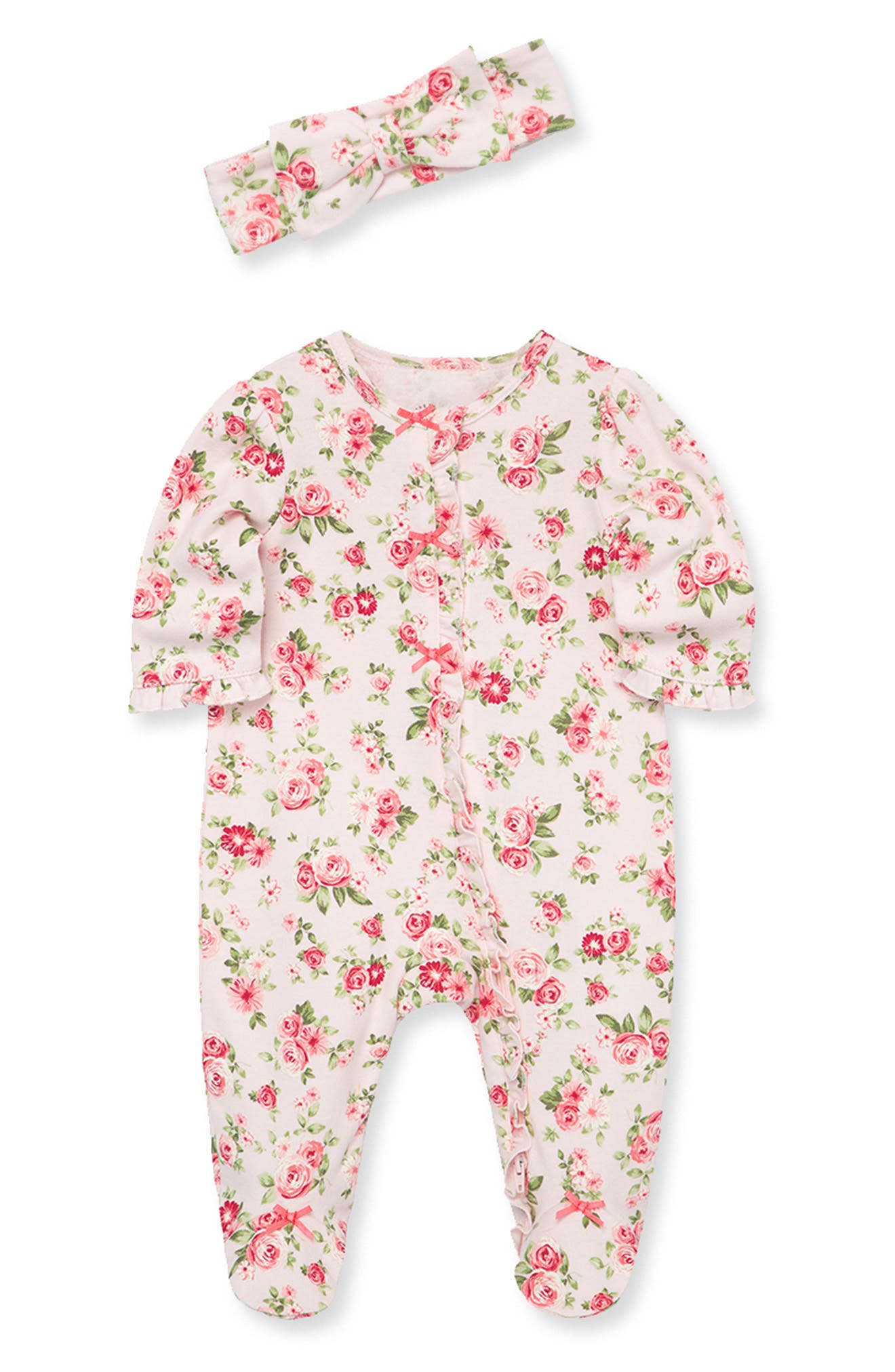 Little Me Cabbage Rose Print Footie & Headband 2-Piece Set | Nordstromrack