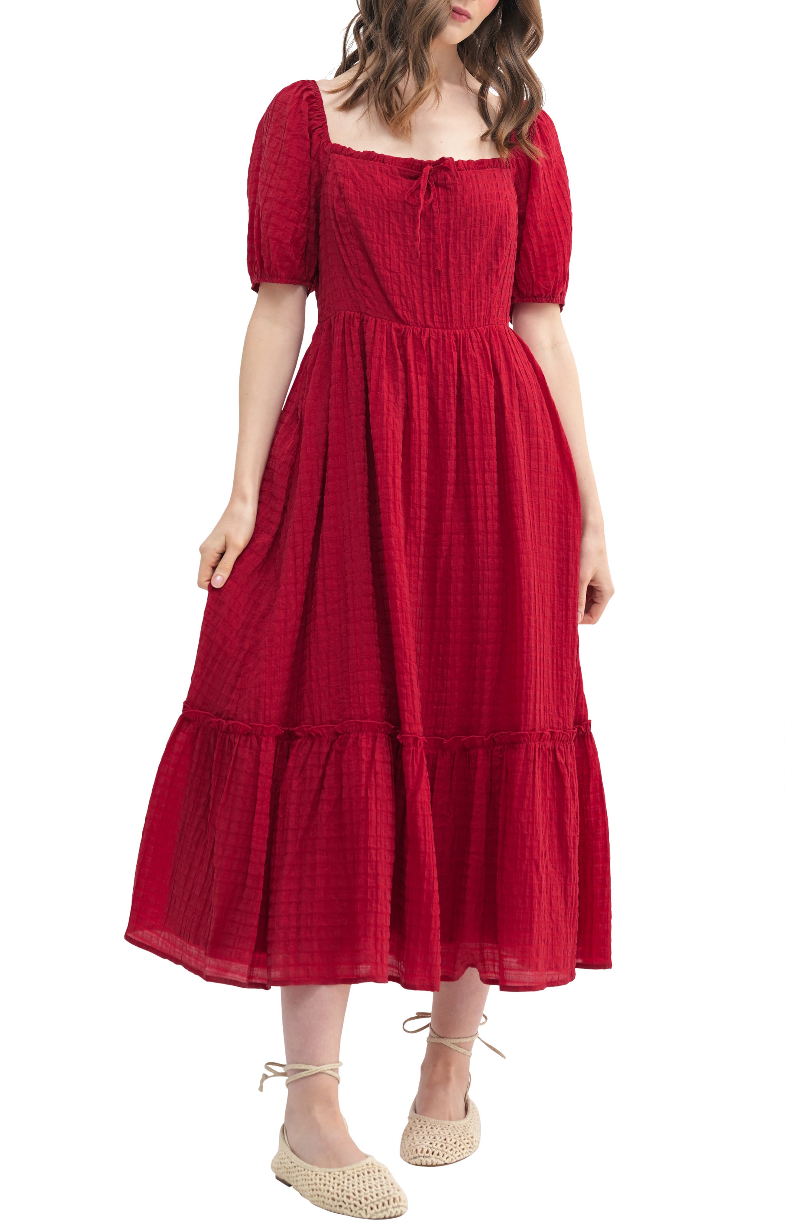 Lush Puff Sleeve Textured Ruffle Hem Midi Dress | Nordstromrack