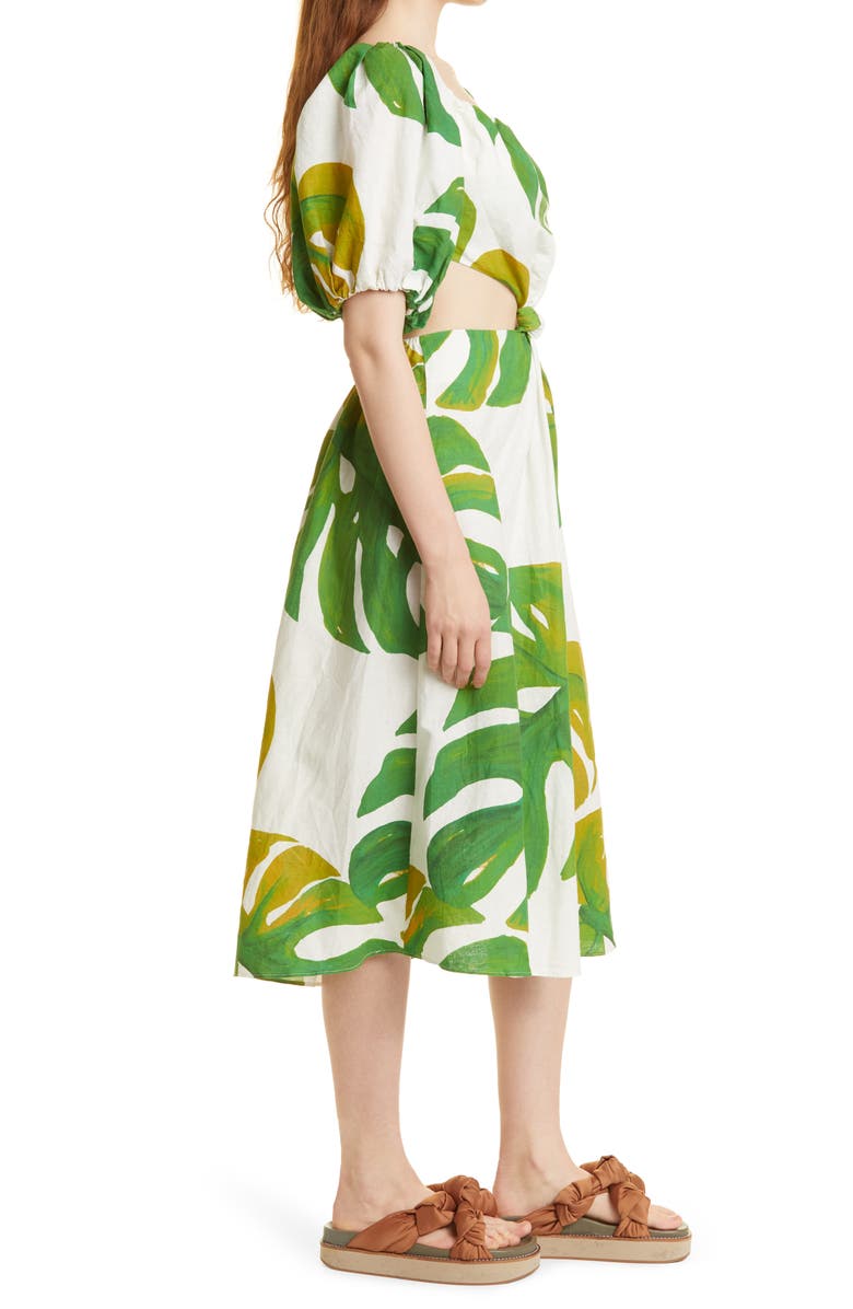 FARM Rio Leaf Print Cutout Detail Linen Blend Dress | Nordstromrack