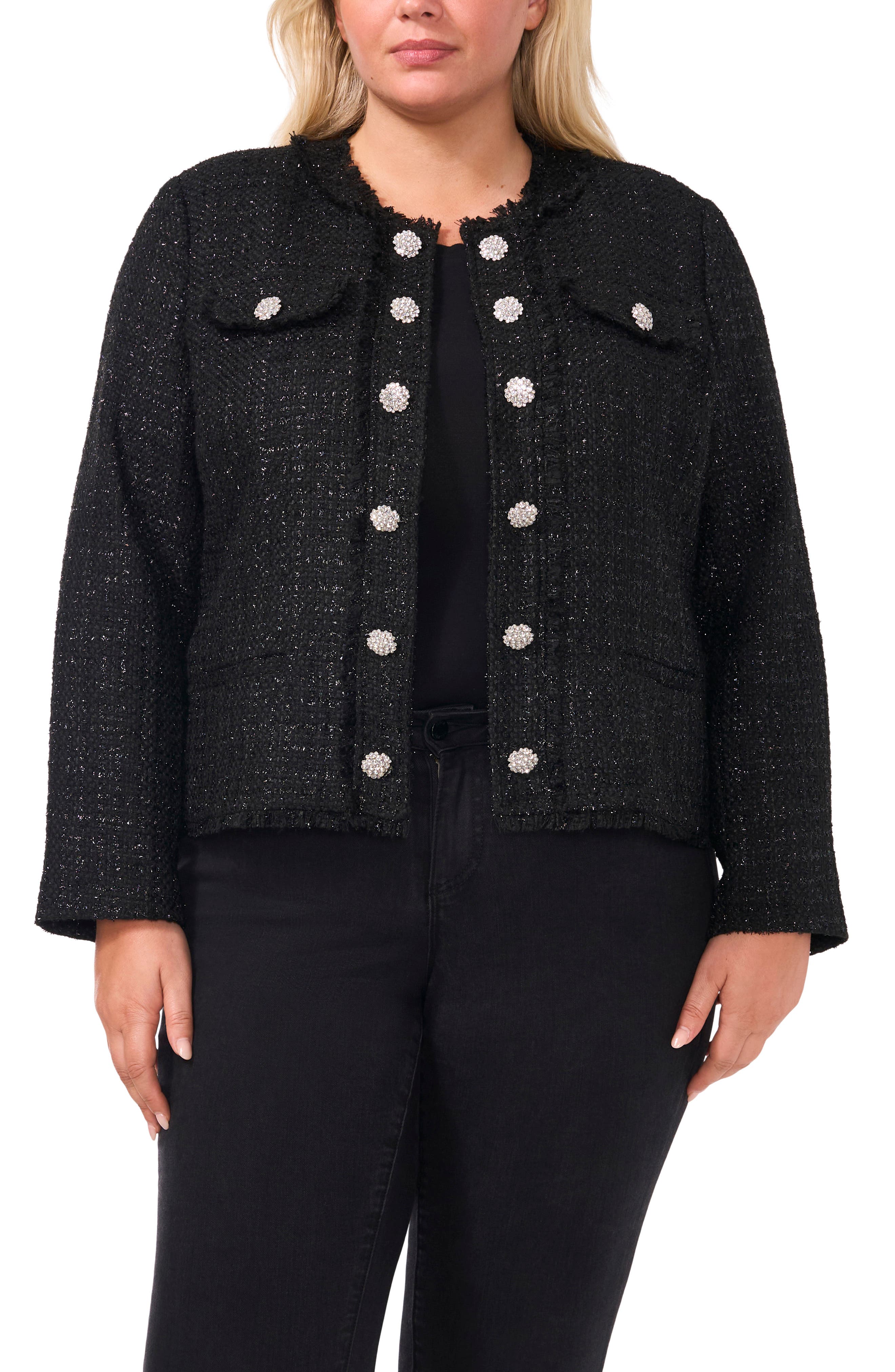 CeCe Embellished Fringe Tweed Jacket | Nordstromrack