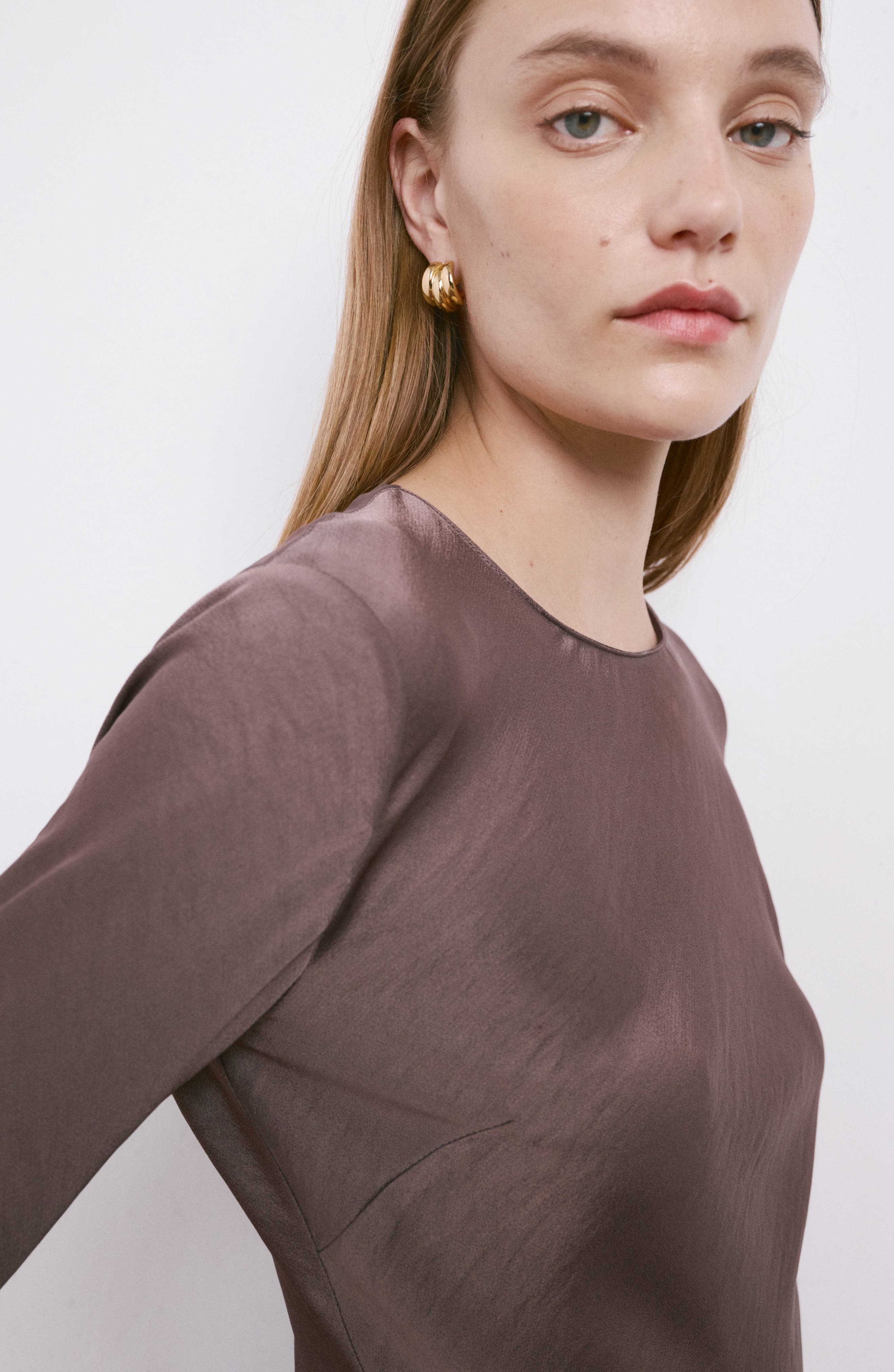 MANGO Long Sleeve Textured Satin Midi Dress | Nordstrom