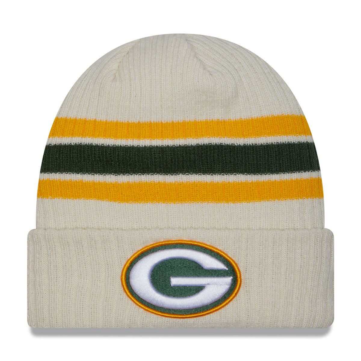 New Era Men's New Era Cream Green Bay Packers Team Stripe Cuffed Knit ...
