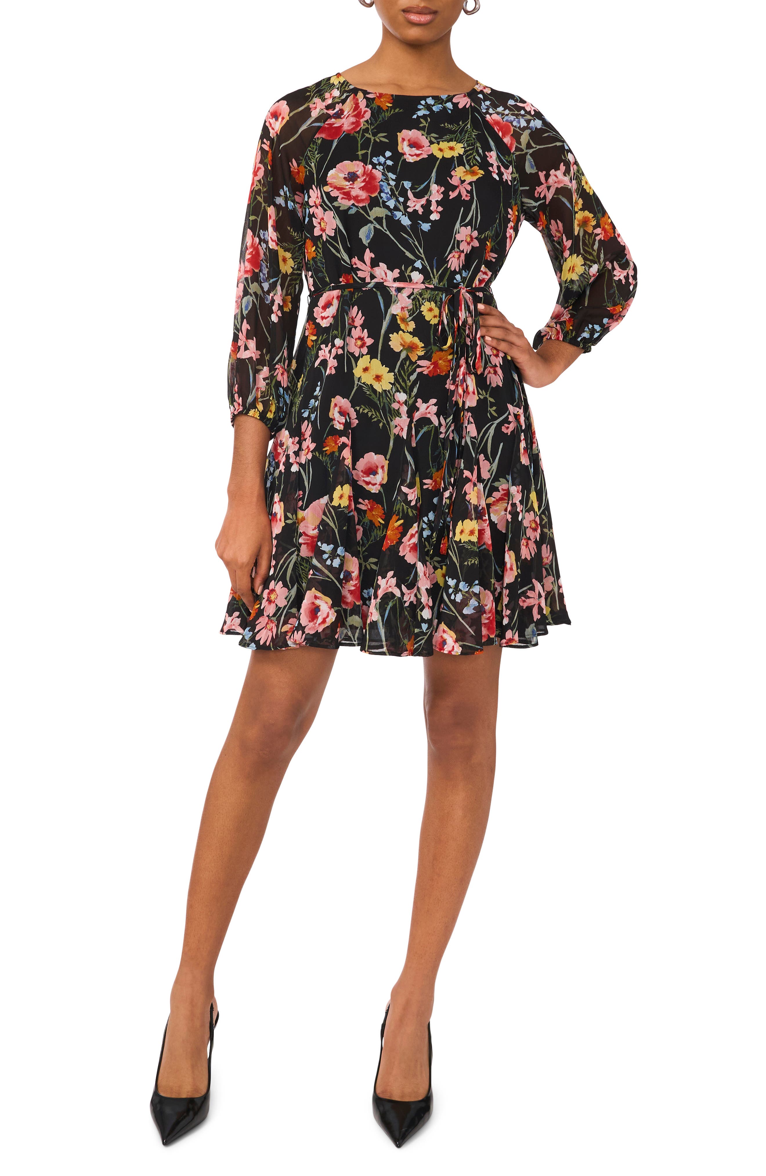 Halogen® Floral Balloon Sleeve Chiffon Fit & Flare Dress | Nordstromrack