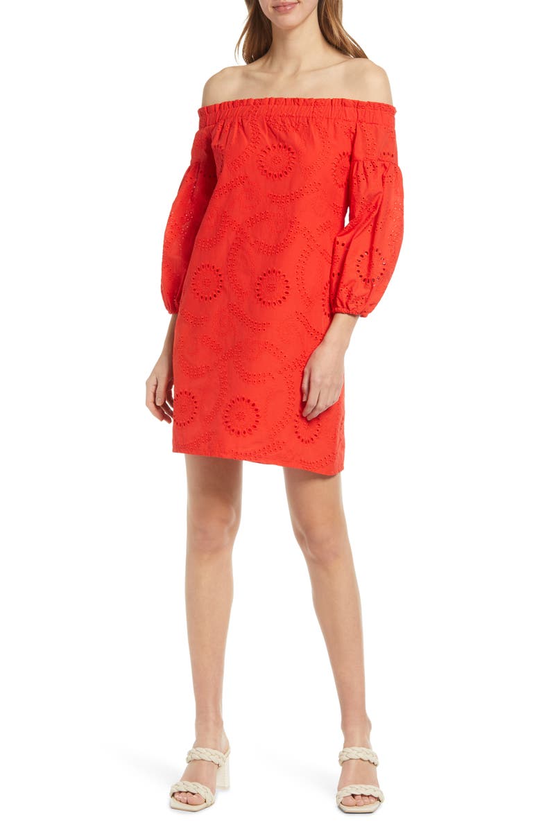 Vince Camuto Cotton Eyelet Off the Shoulder Long Sleeve Shift Dress ...
