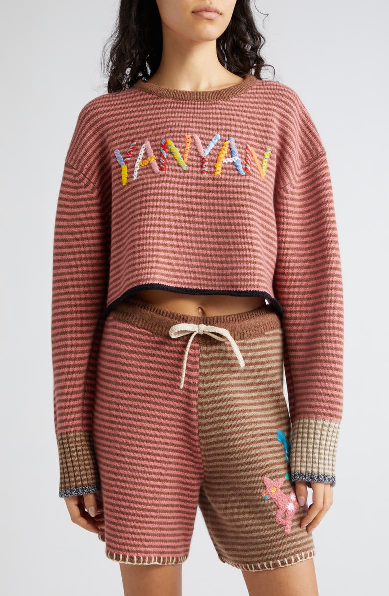 YanYan Embroidered Logo Stripe Crop Wool Sweater | Nordstrom
