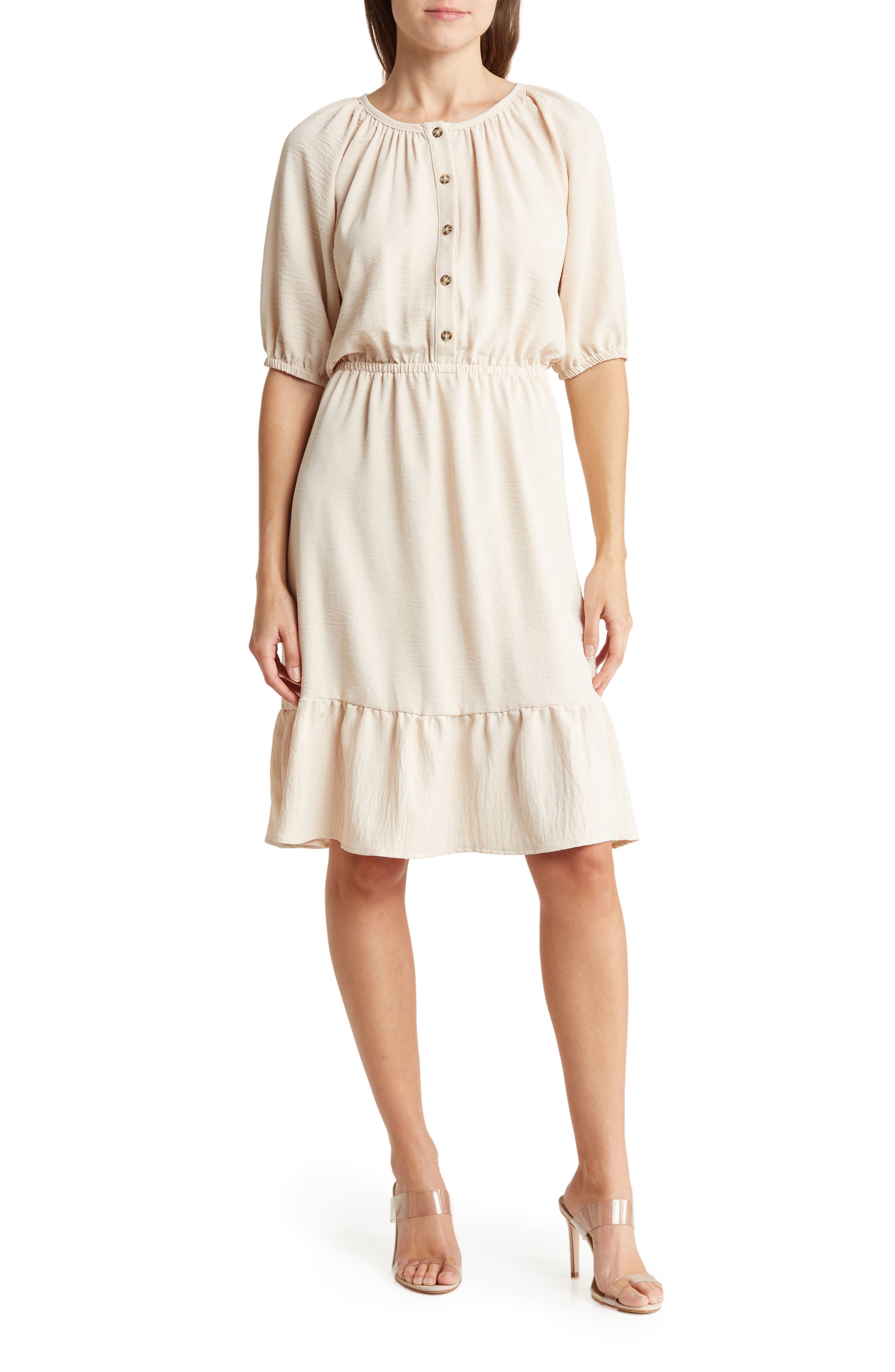 Good Luck Gem Shirred Puff Sleeve Button Front Placket Midi Dress ...