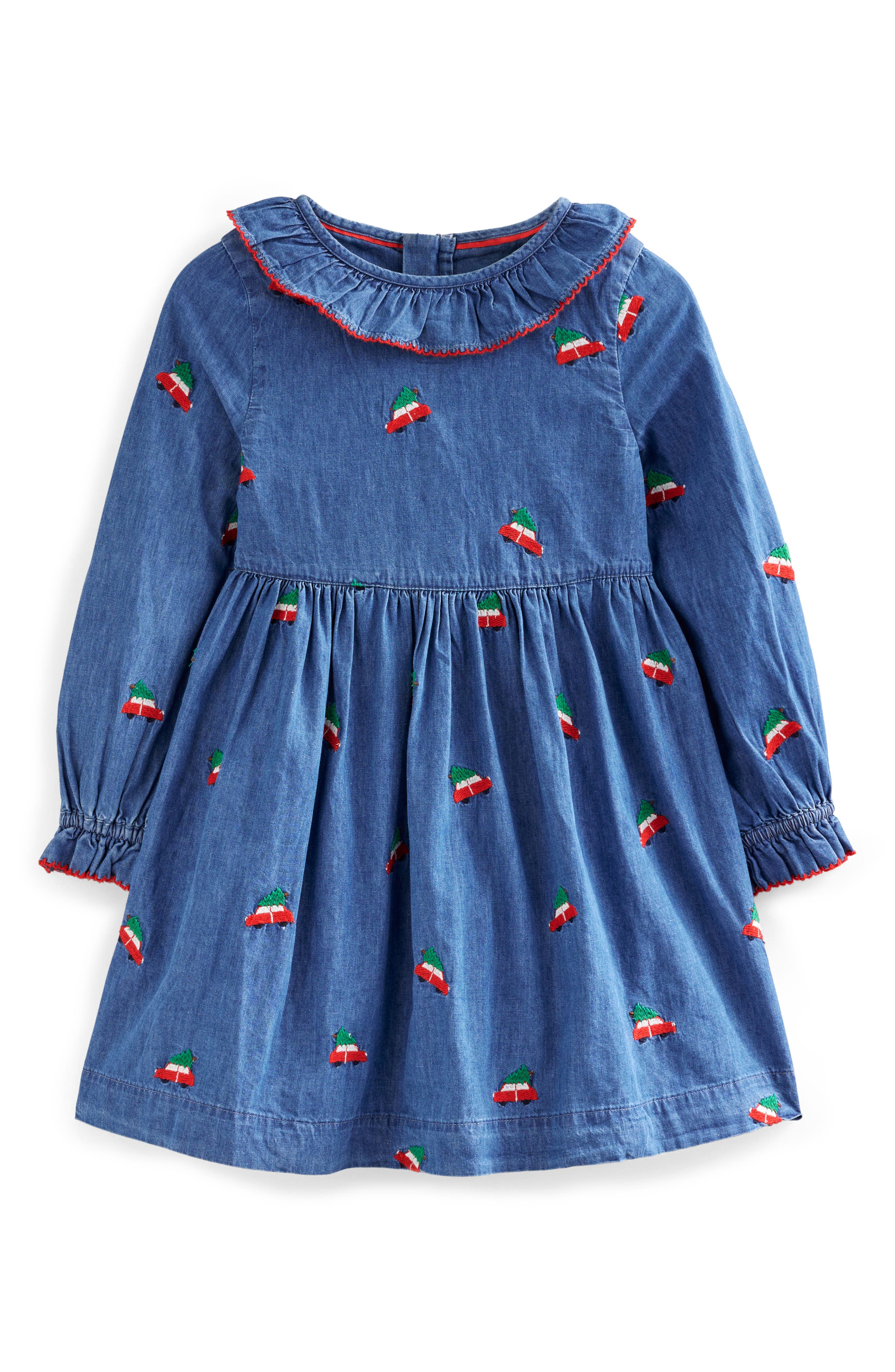 Mini Boden Holiday Embroidered Festive Chambray Dress | Nordstrom