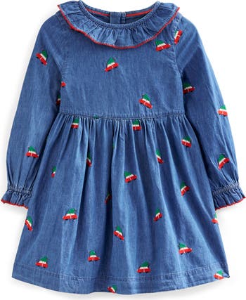 Mini Boden Holiday Embroidered Festive Chambray Dress | Nordstrom