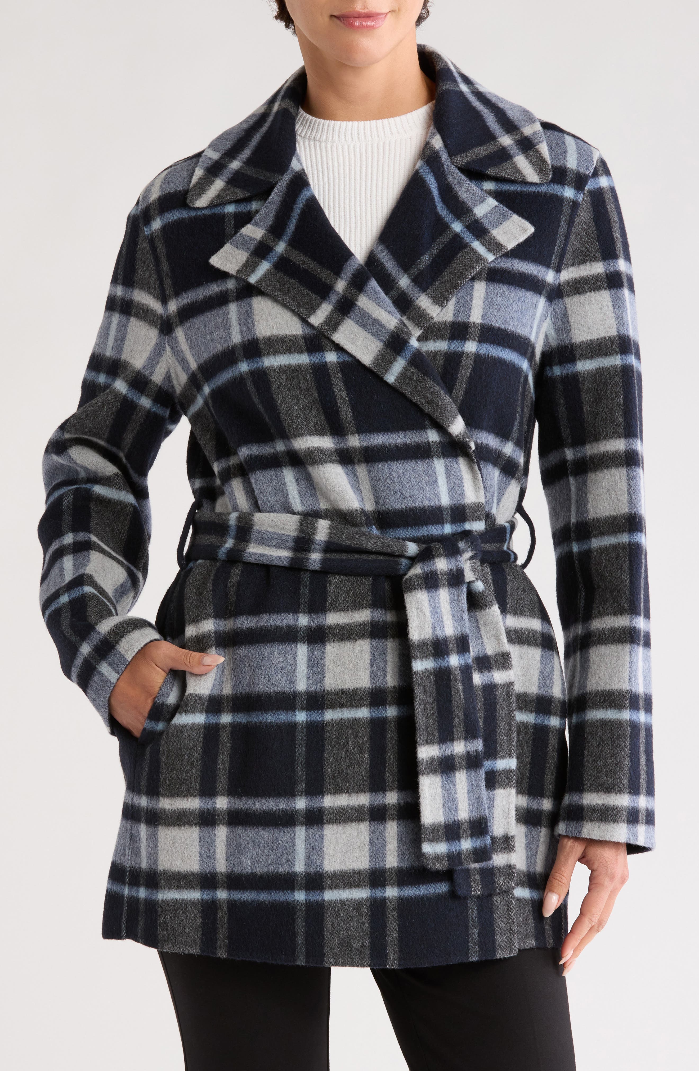 Theory Plaid Belted Long Coat | Nordstromrack