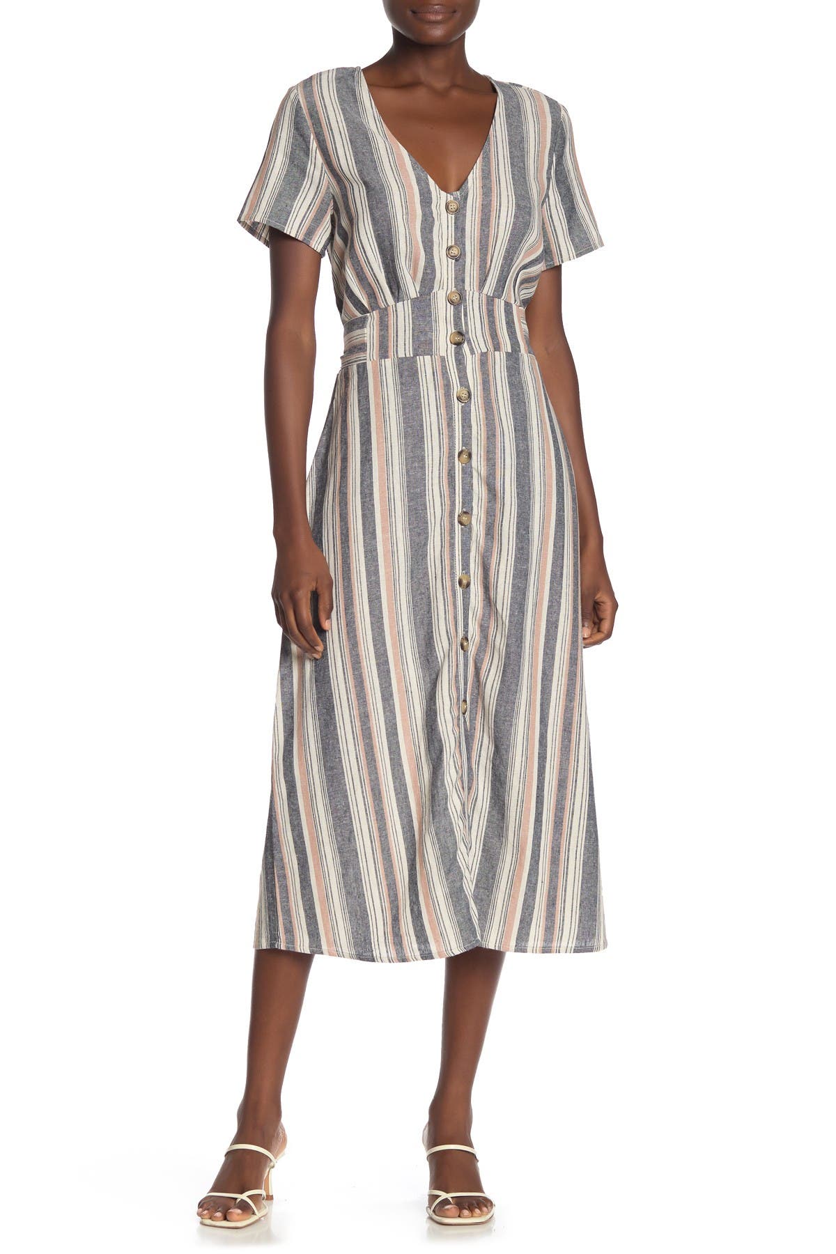 Cotton On Cherry Striped Button Linen Blend Midi Dress | Nordstromrack