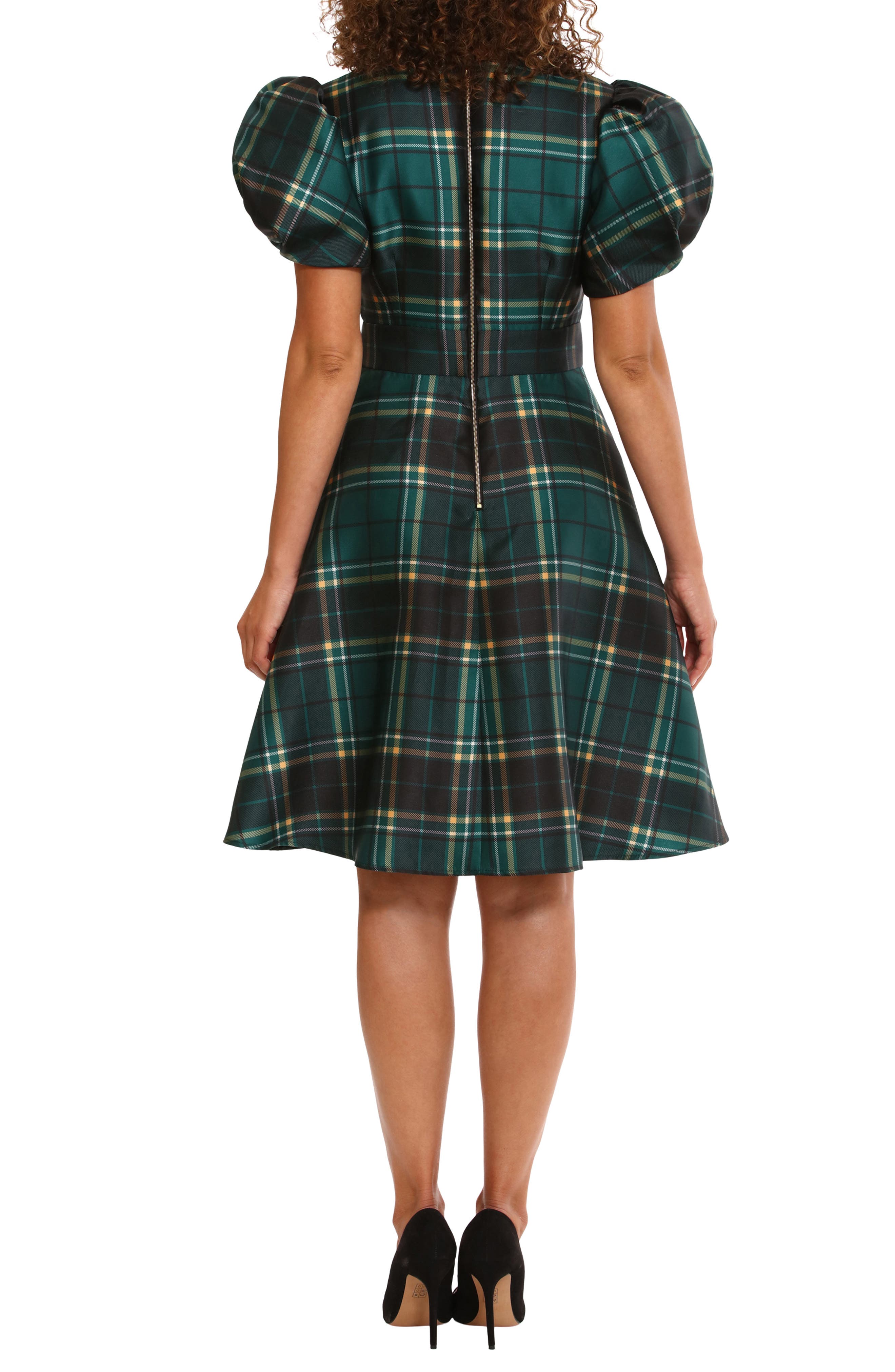 London Times Plaid Puff Sleeve Fit & Flare Dress | Nordstromrack