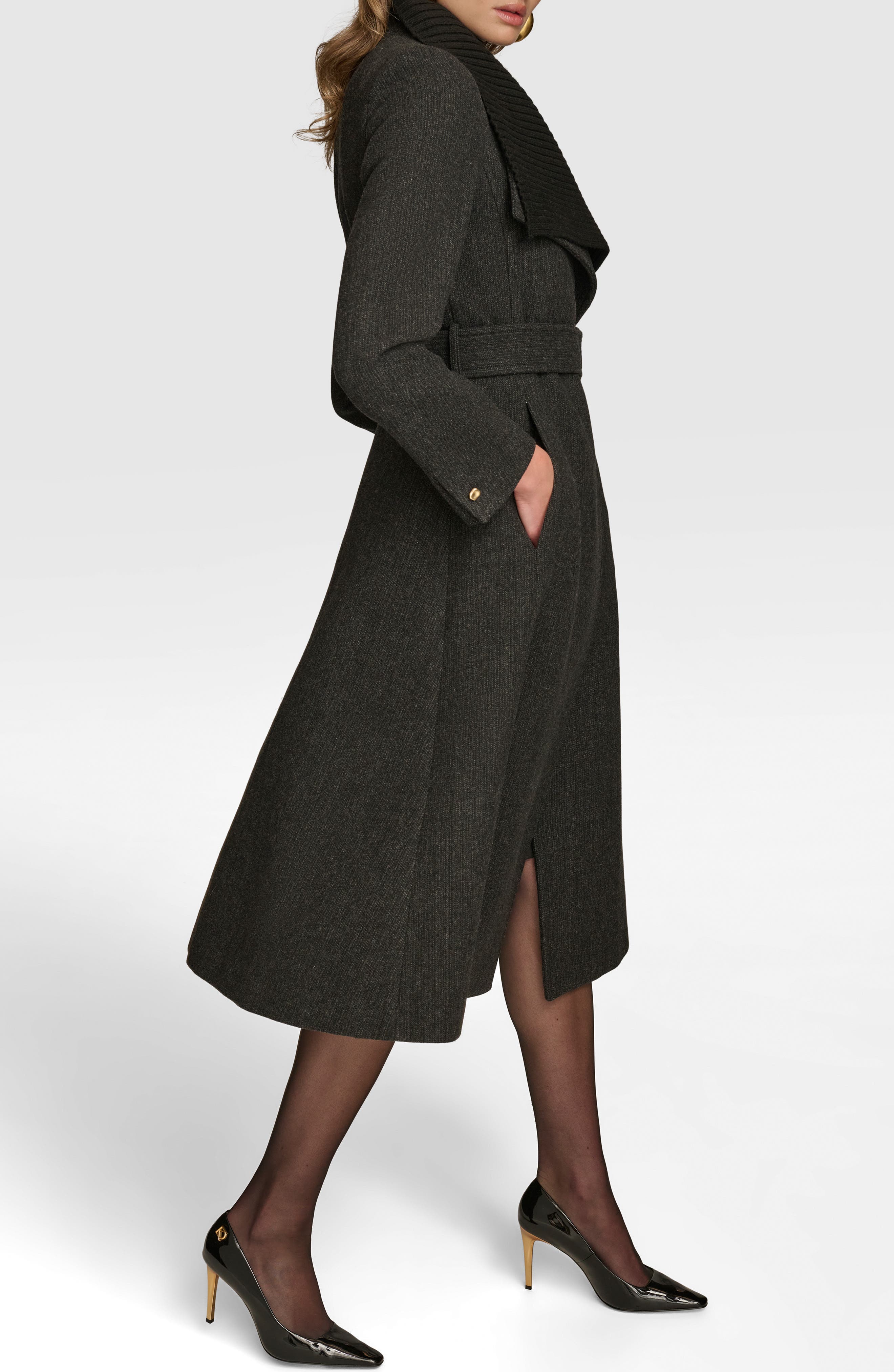 Donna Karan New York Rib Belted Wool Blend Wrap Coat with Bib | Nordstrom