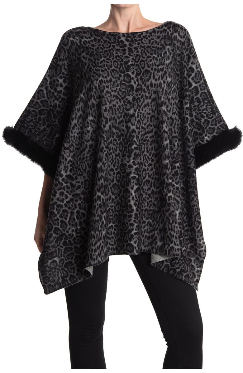 Sofia Cashmere Wool Blend Leopard Print Genuine Fox Fur Trim Poncho ...