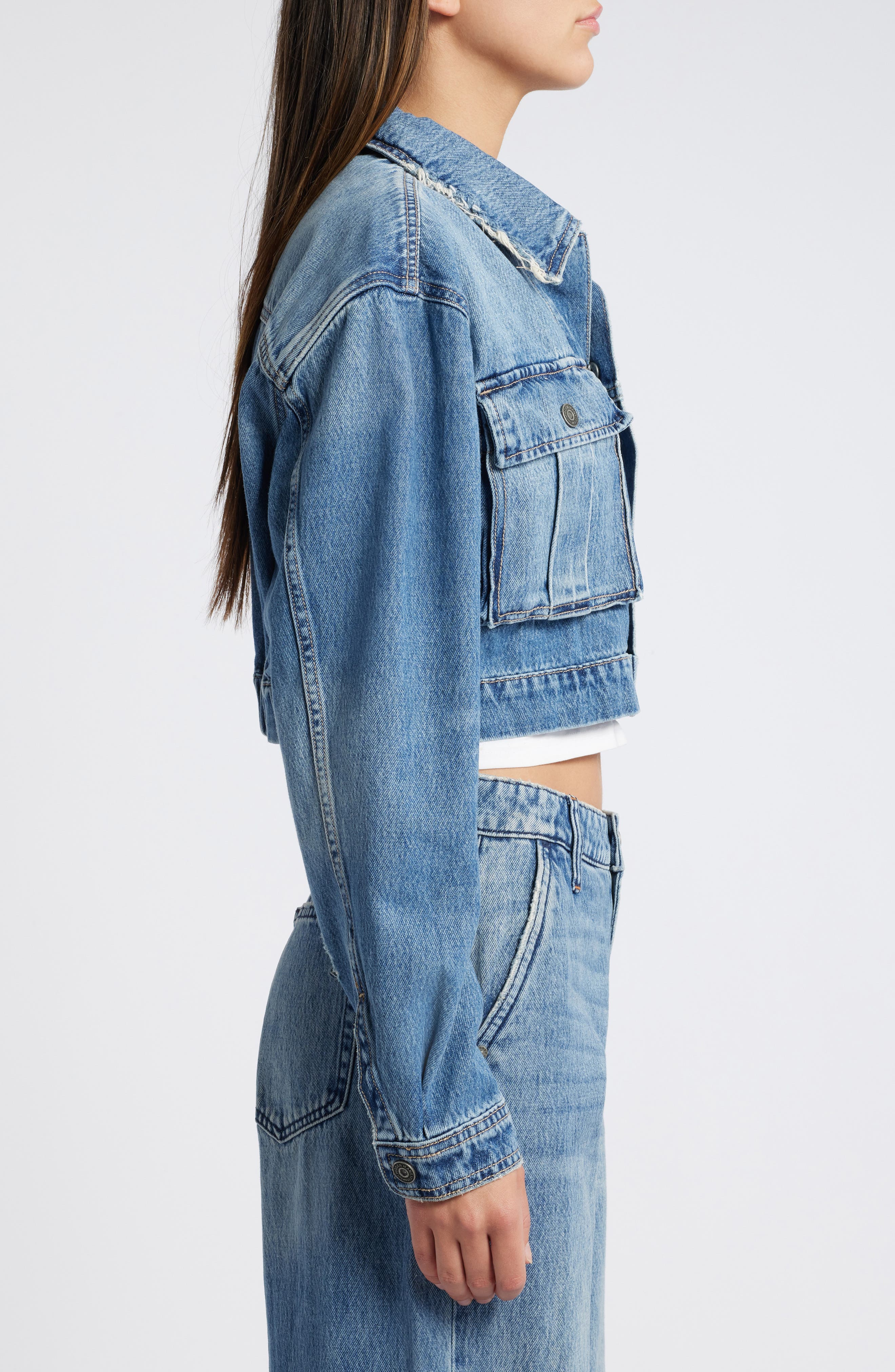 HIDDEN JEANS Distressed Denim Crop Cargo Jacket | Nordstrom