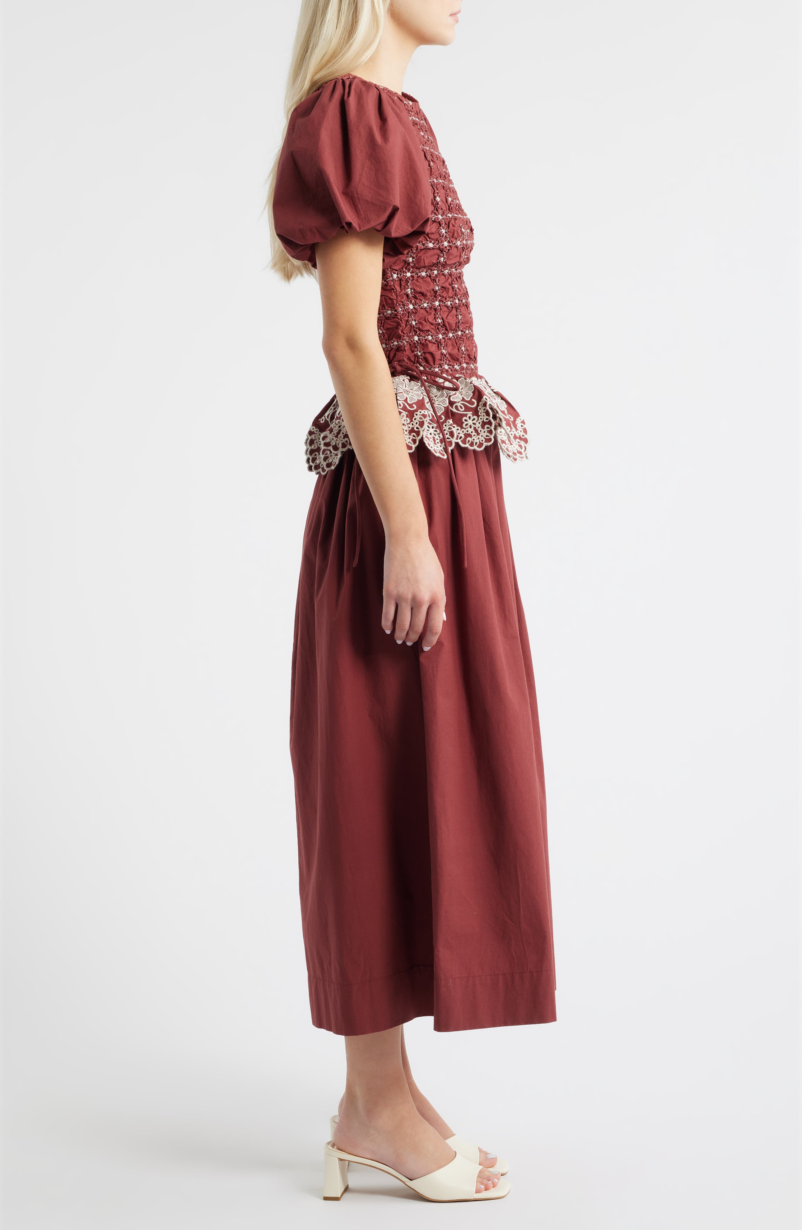 Damson Madder Audrey Smocked Puff Sleeve Organic Cotton Midi Dress ...