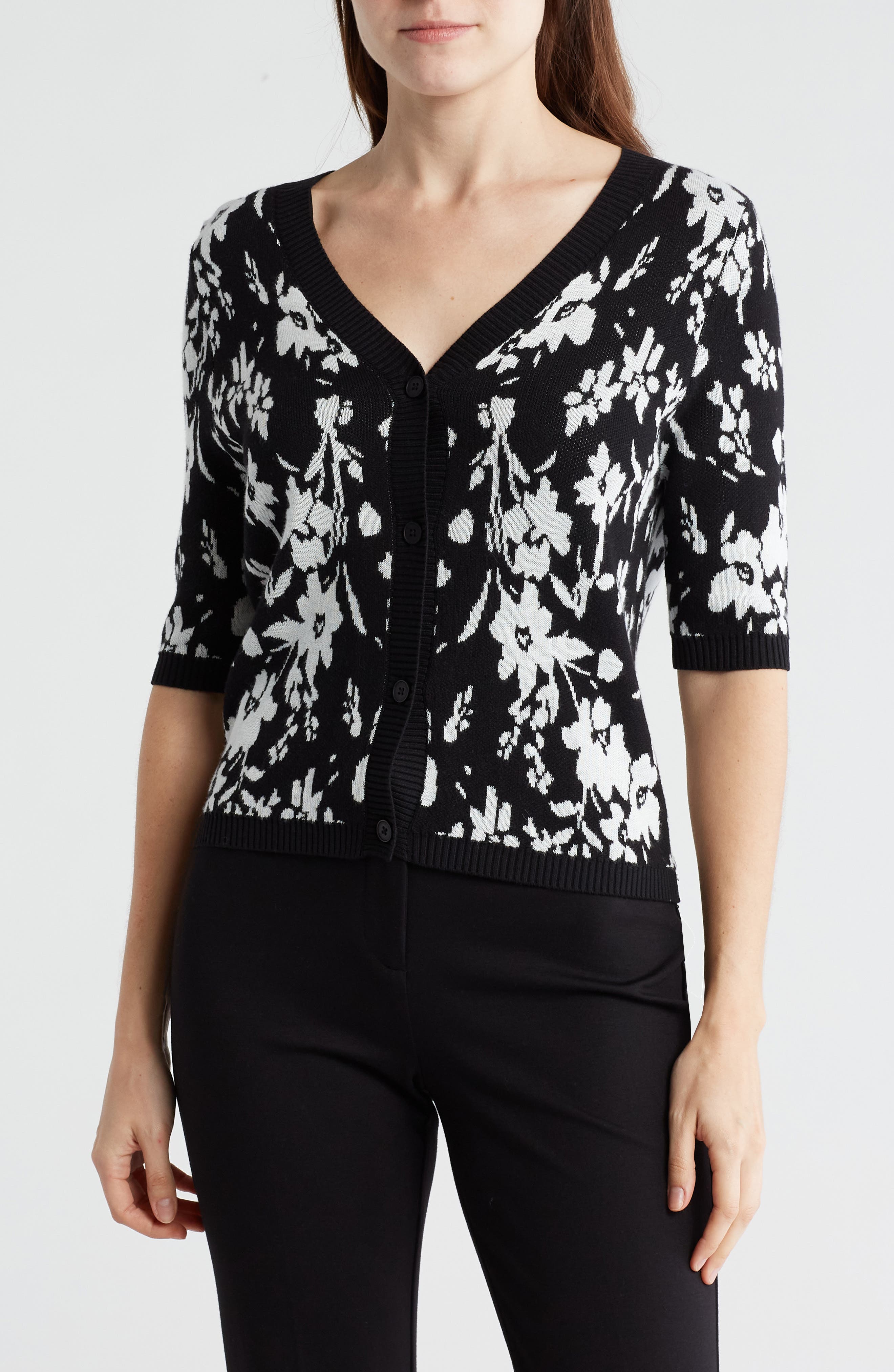 Gemma + Jane Floral Jacquard Elbow Sleeve Cardigan | Nordstromrack