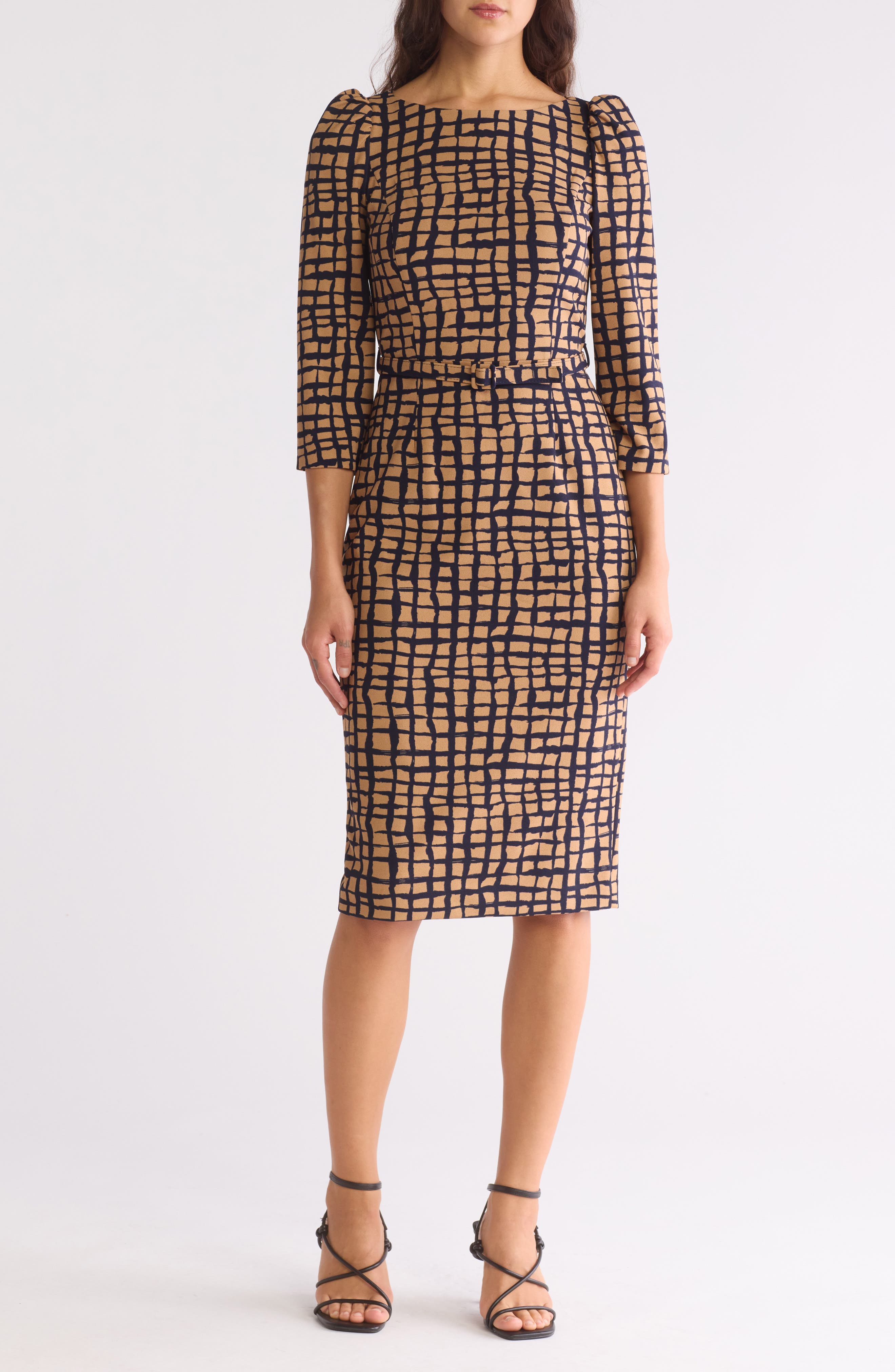 Calvin Klein Windowpane Print Belted Sheath Dress | Nordstromrack